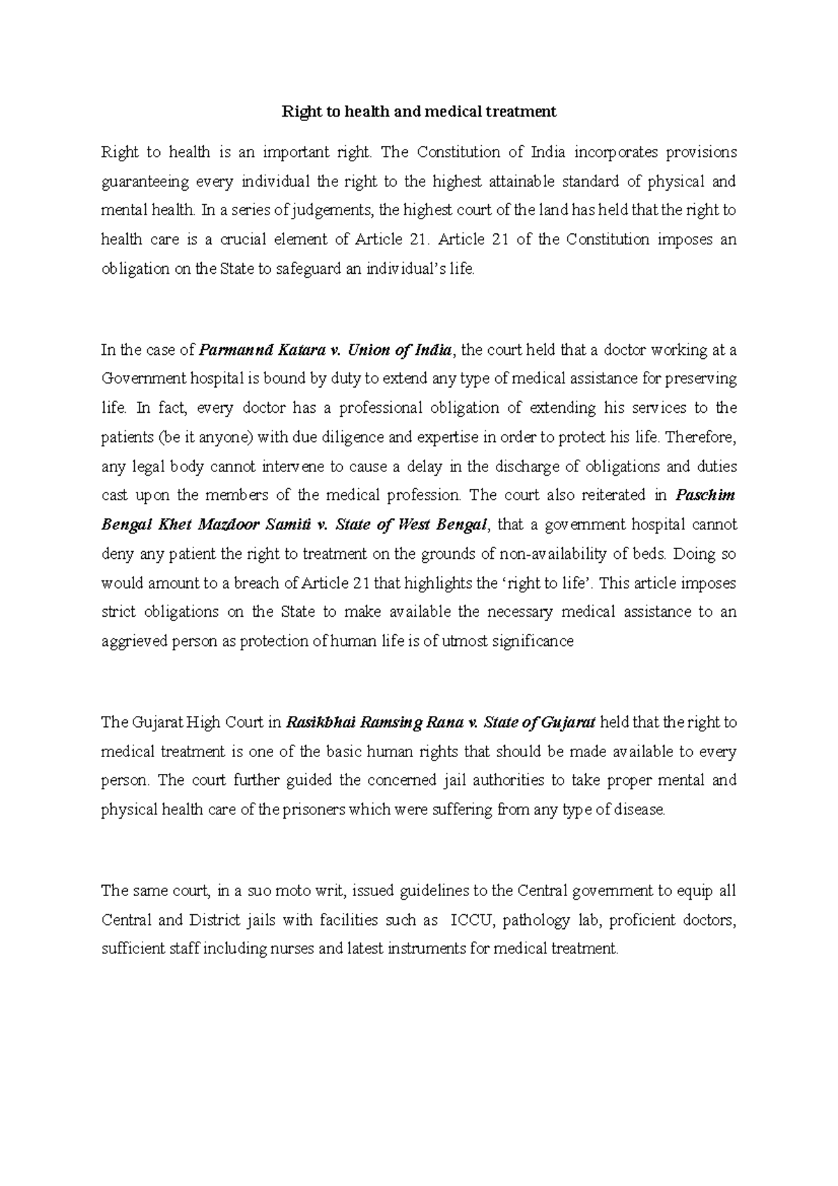 Right to health and medical treatment - The Constitution of India ...
