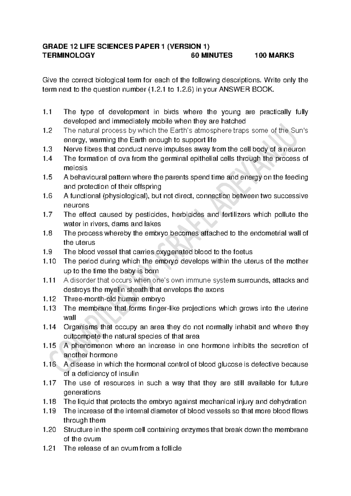 Grade 12 LIFE Sciences Paper 1 Terminologies - GRADE 12 LIFE SCIENCES ...