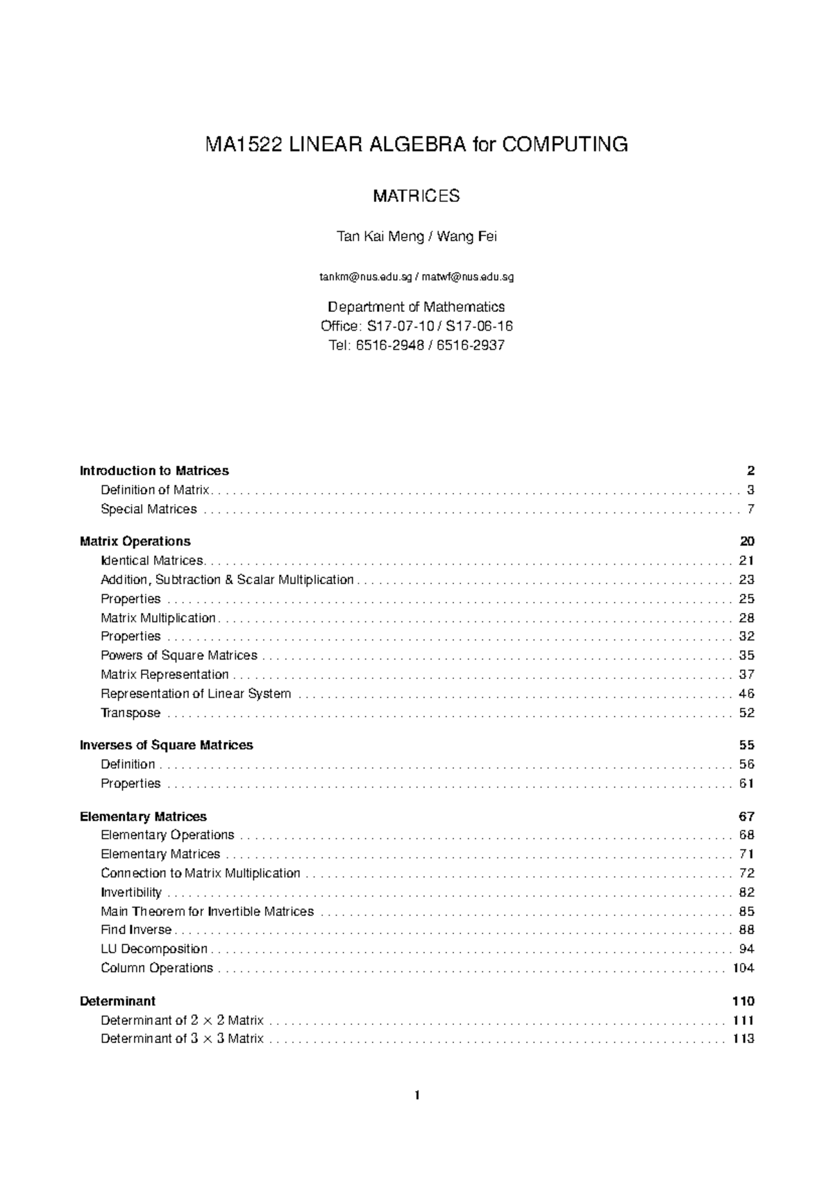 Chpt2HEllothisi - MA1522 LINEAR ALGEBRA for COMPUTING MATRICES Tan Kai ...
