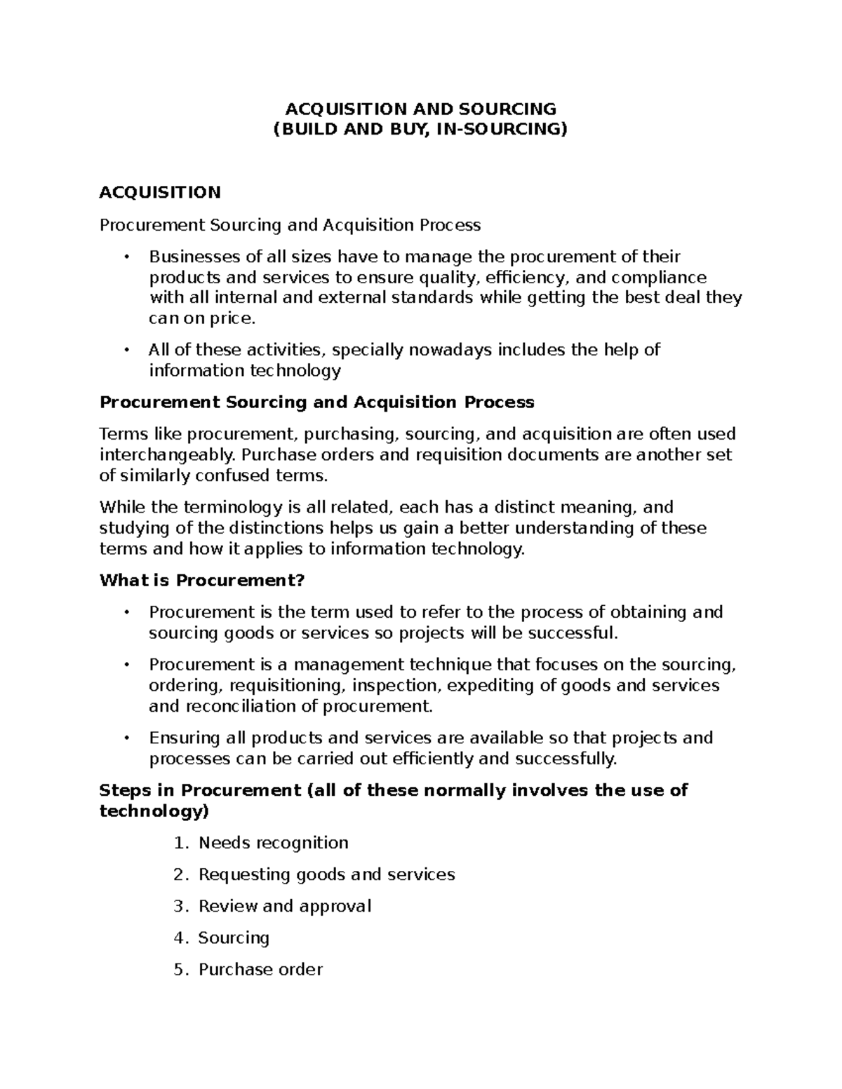 Acquisition AND Sourcing Build AND BUY, IN- Sourcing - ACQUISITION AND ...