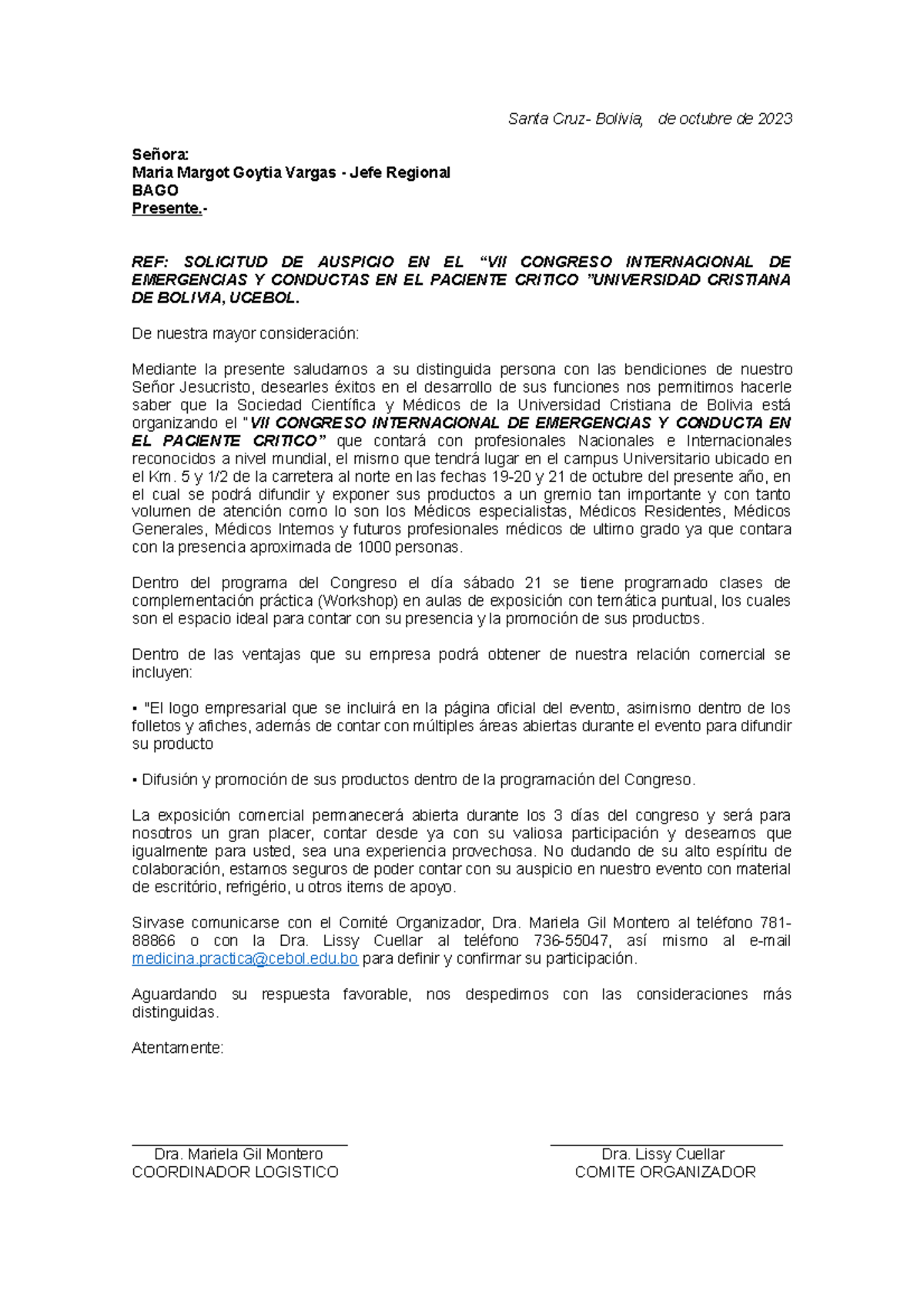 Modelo de carta para solicitud de auspicio - Santa Cruz- Bolivia, de ...