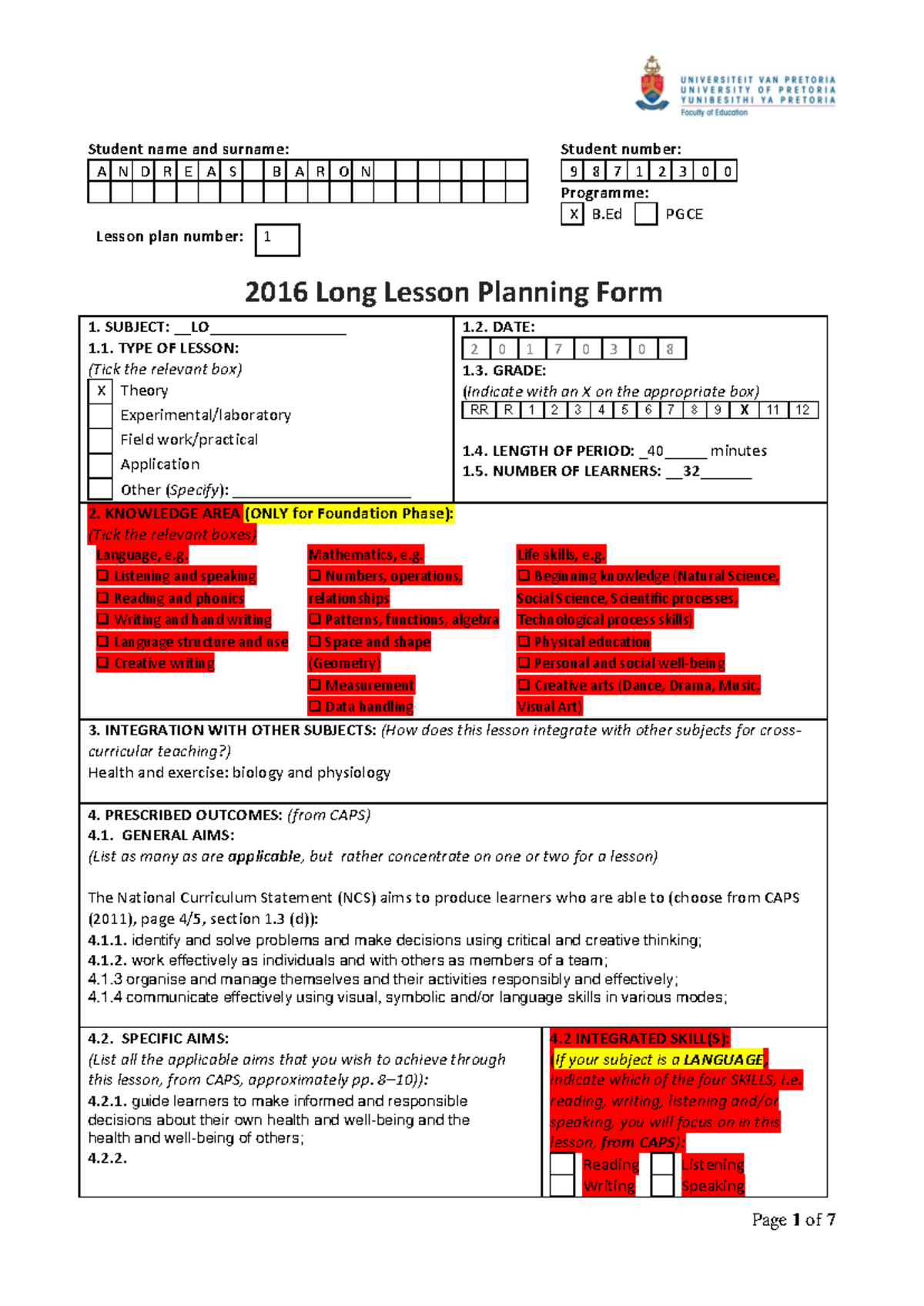 TUKS Long Lesson Planning Form 4 Feb 2016 Ld J B - Student name and ...