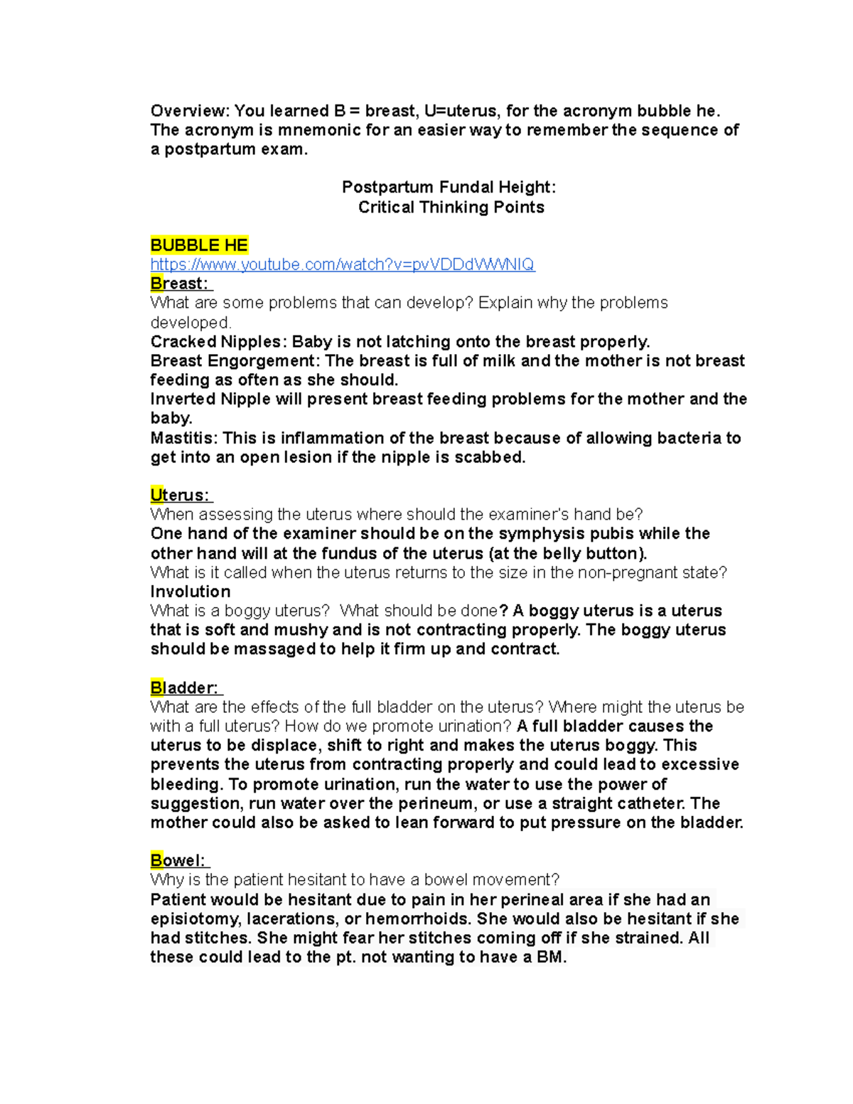 Bubble EE Assessment - Overview: You learned B = breast, U=uterus, for ...
