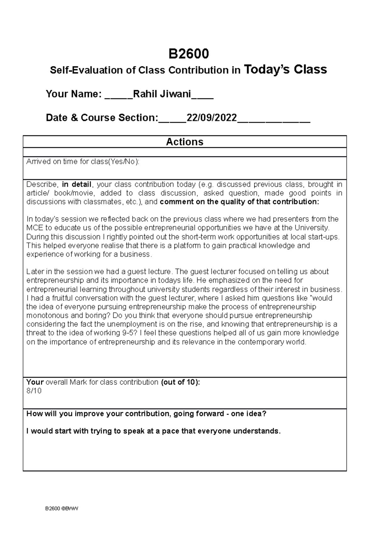 B2600 - Class Contribution Self Assessement (23rd sept) - B Self ...