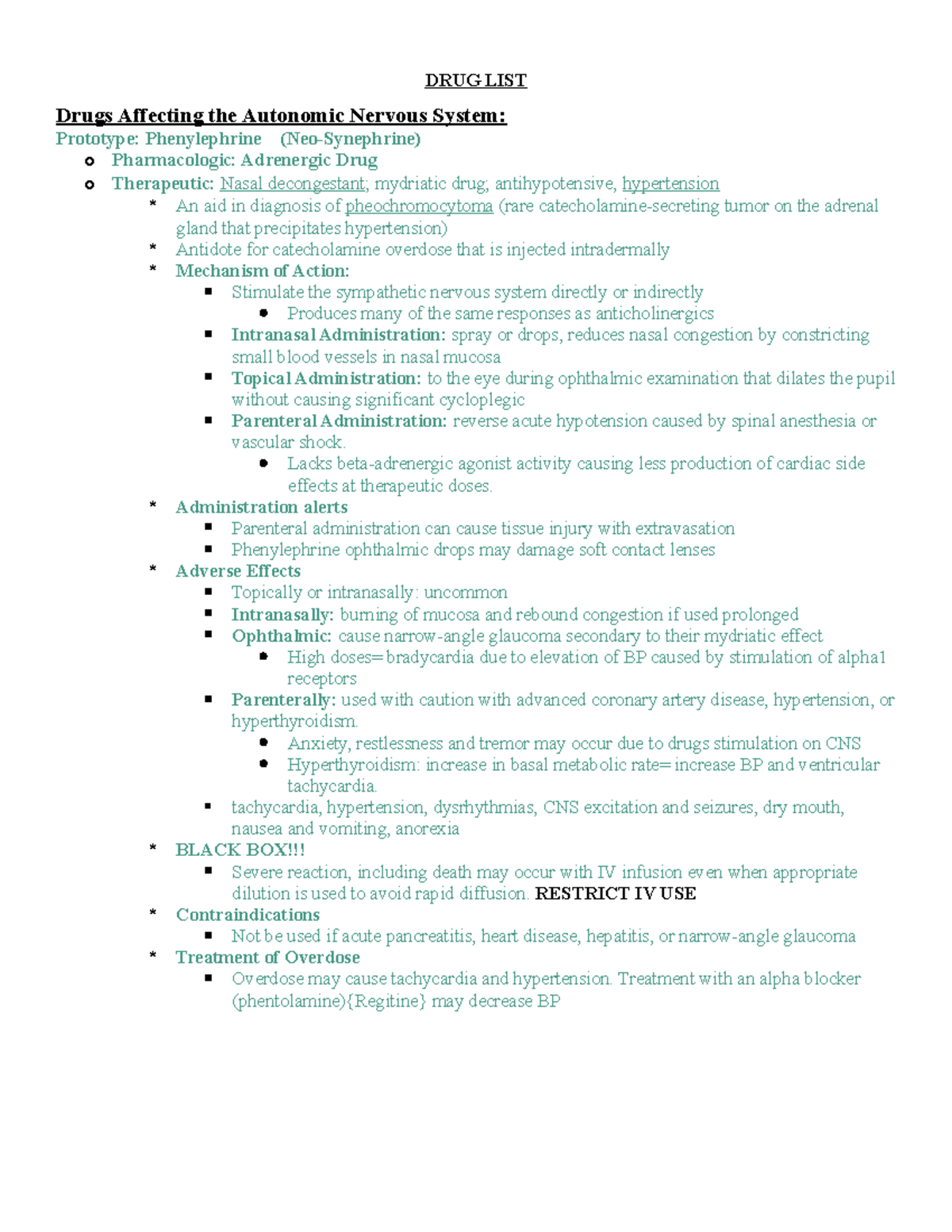 DRUG LIST - STUDY GUIDE - DRUG LIST Drugs Affecting the Autonomic ...