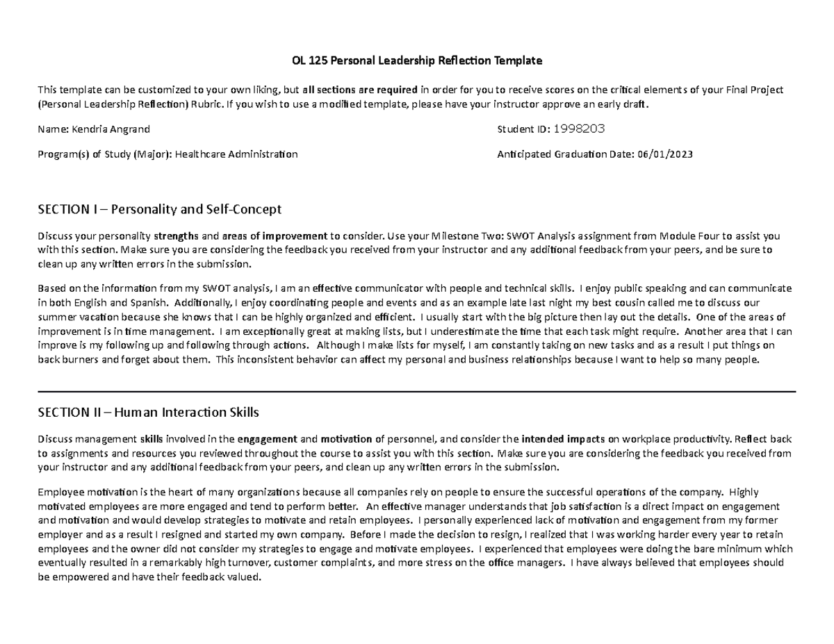 Ol125 personal leadership reflection template - OL 125 Personal ...