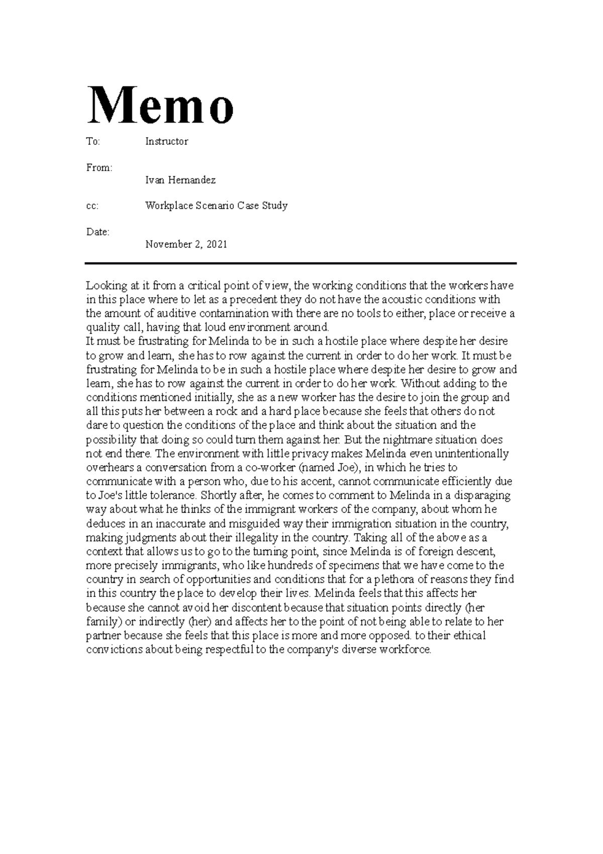 Memo 12 - memorandum case 12 - Memo To: Instructor From: Ivan Hernandez ...