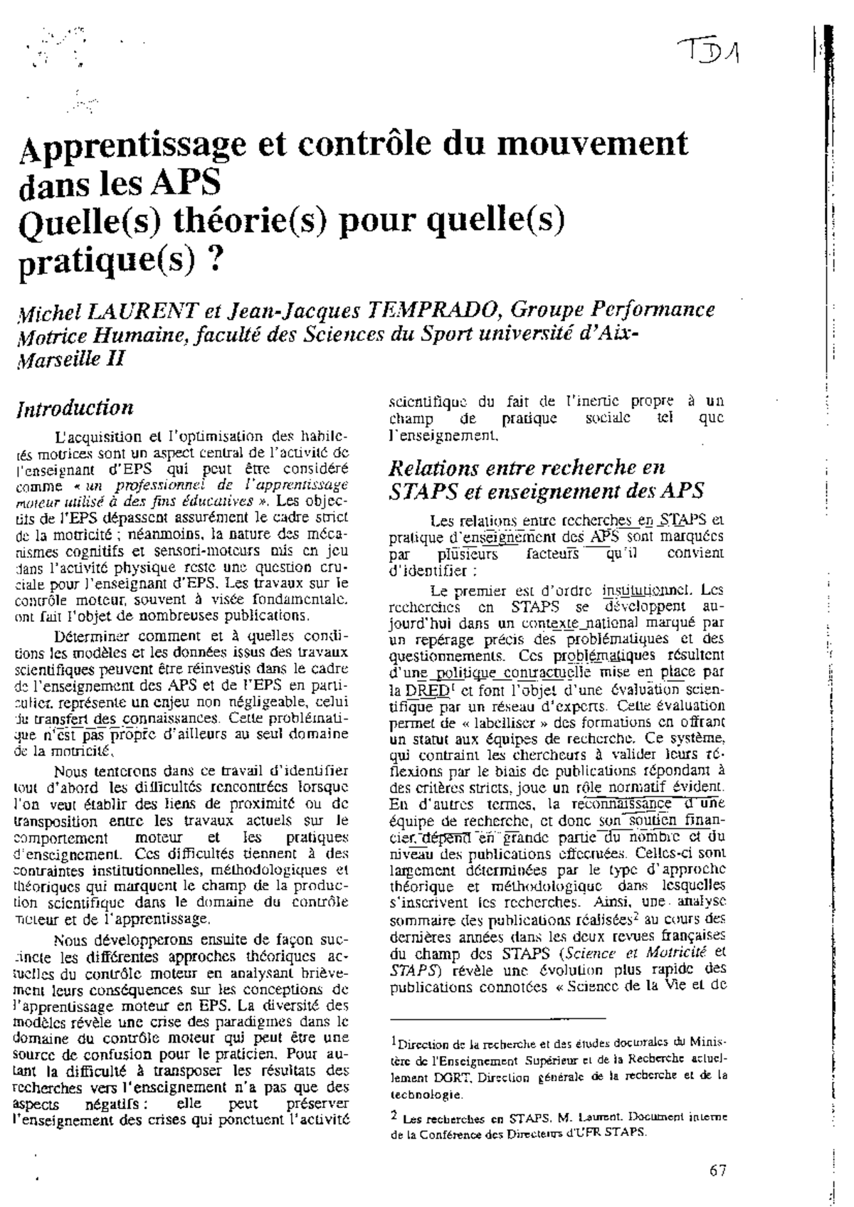 Article Temprado Laurent - TD1 Apprentissage et contrôle du mouvement ...
