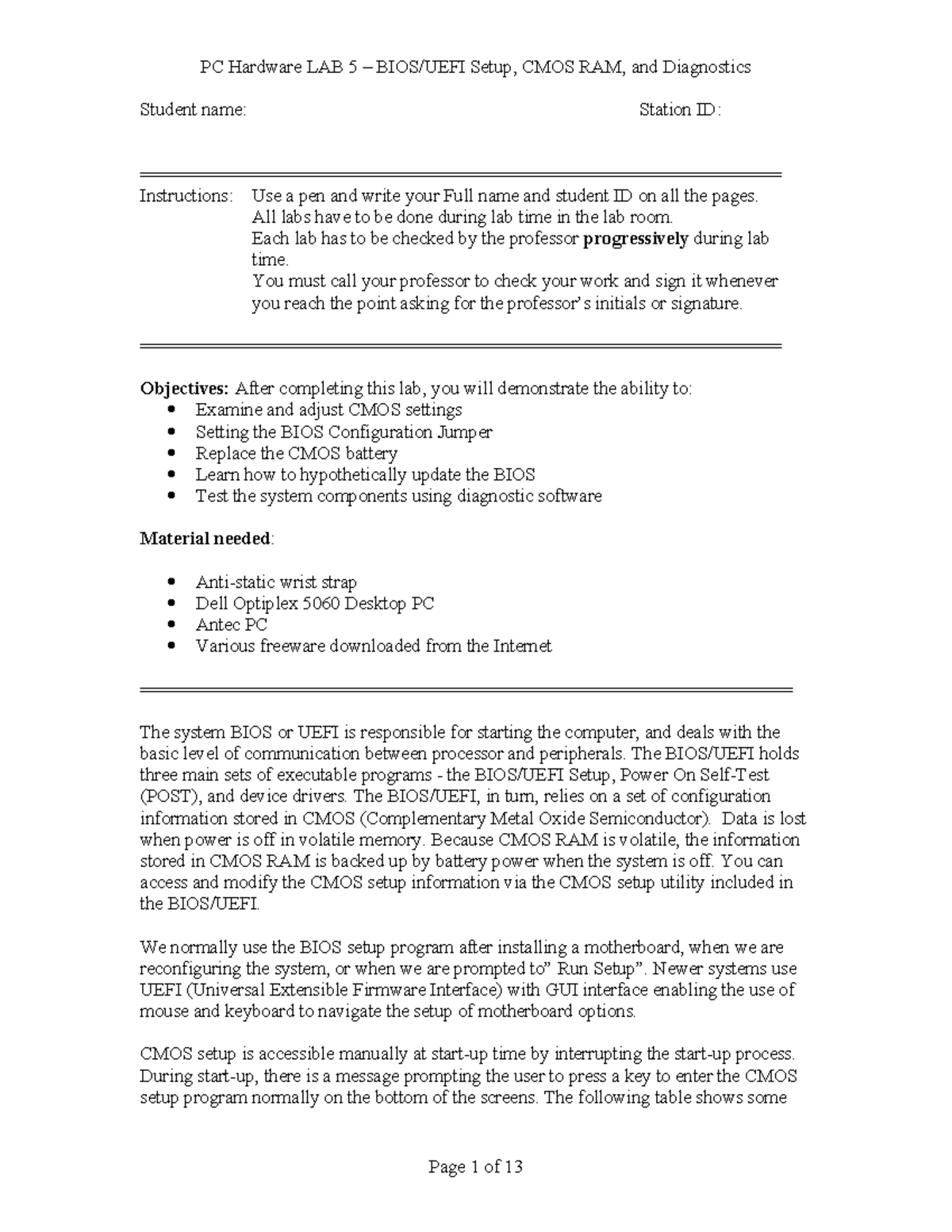 LAB 5 - BIOS-UEFI Setup, CMOS RAM, and Diagnostics - Student name ...