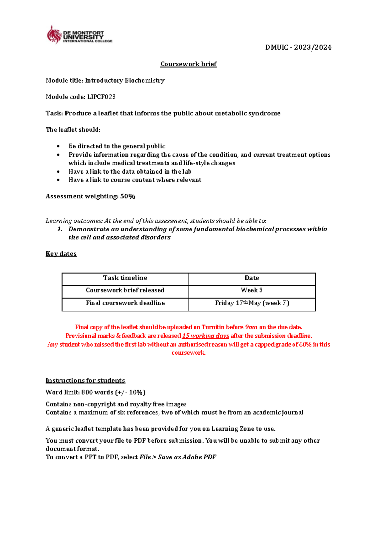 Biochemistry coursework brief April 2024 - Copy - DMUIC - 2023 ...