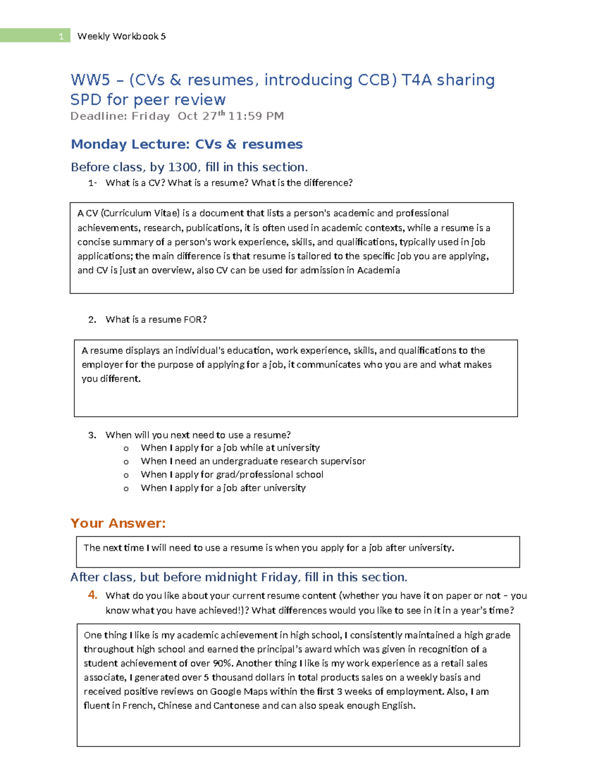WW5 - weekly book - WW5 – (CVs & resumes, introducing CCB) T4A sharing ...