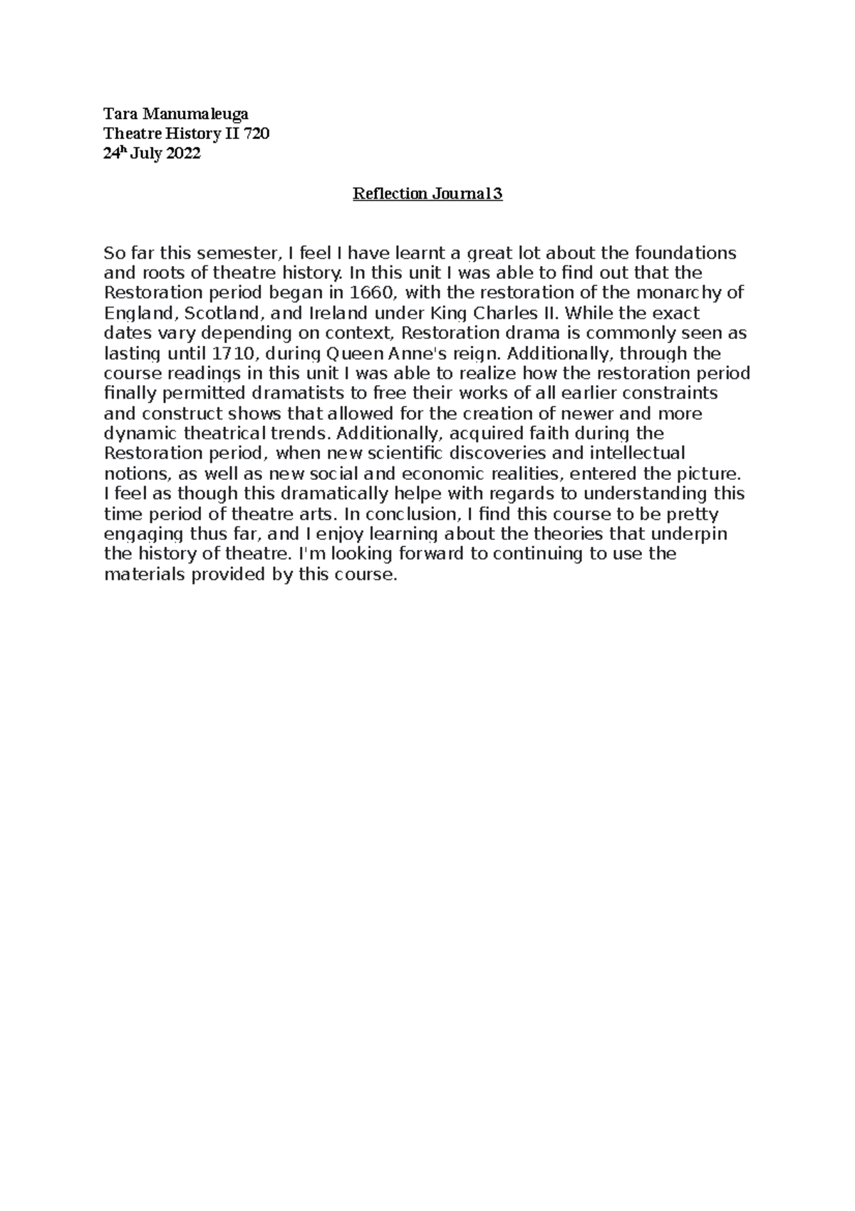 Reflection journal 1 - Tara Manumaleuga Theatre History II 720 24 h ...