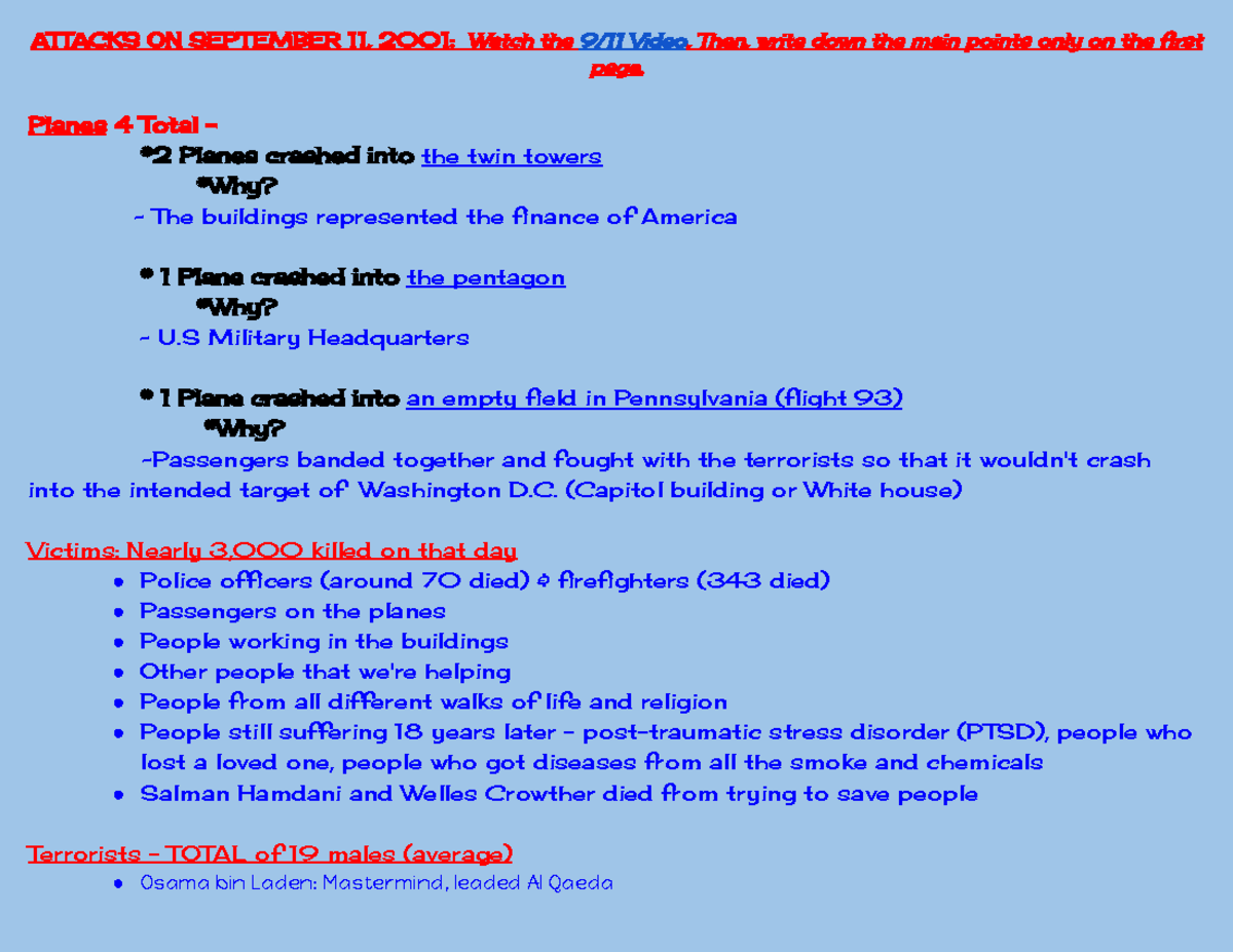 9/11 war on terror outline notes - ATTACKS ON SEPTEMBER 11, 2001: Watch ...