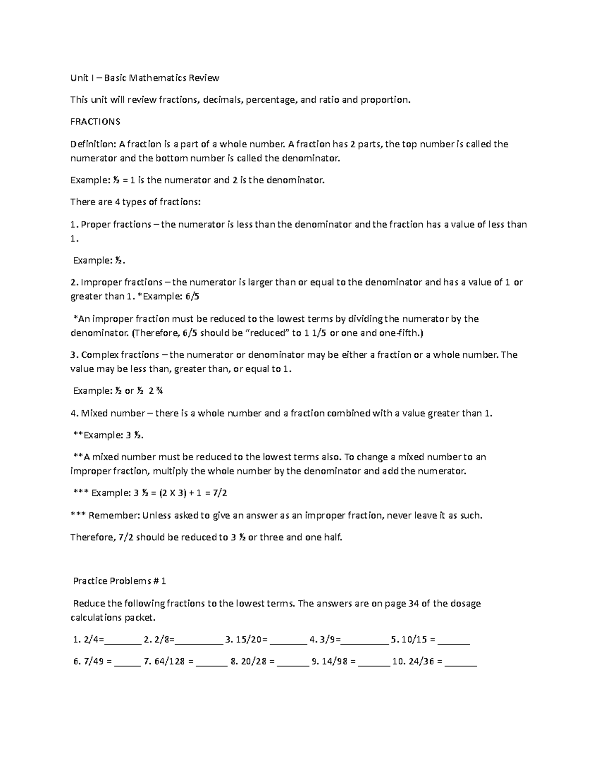 Calculations Review-4 - Unit I – Basic Mathematics Review This unit ...