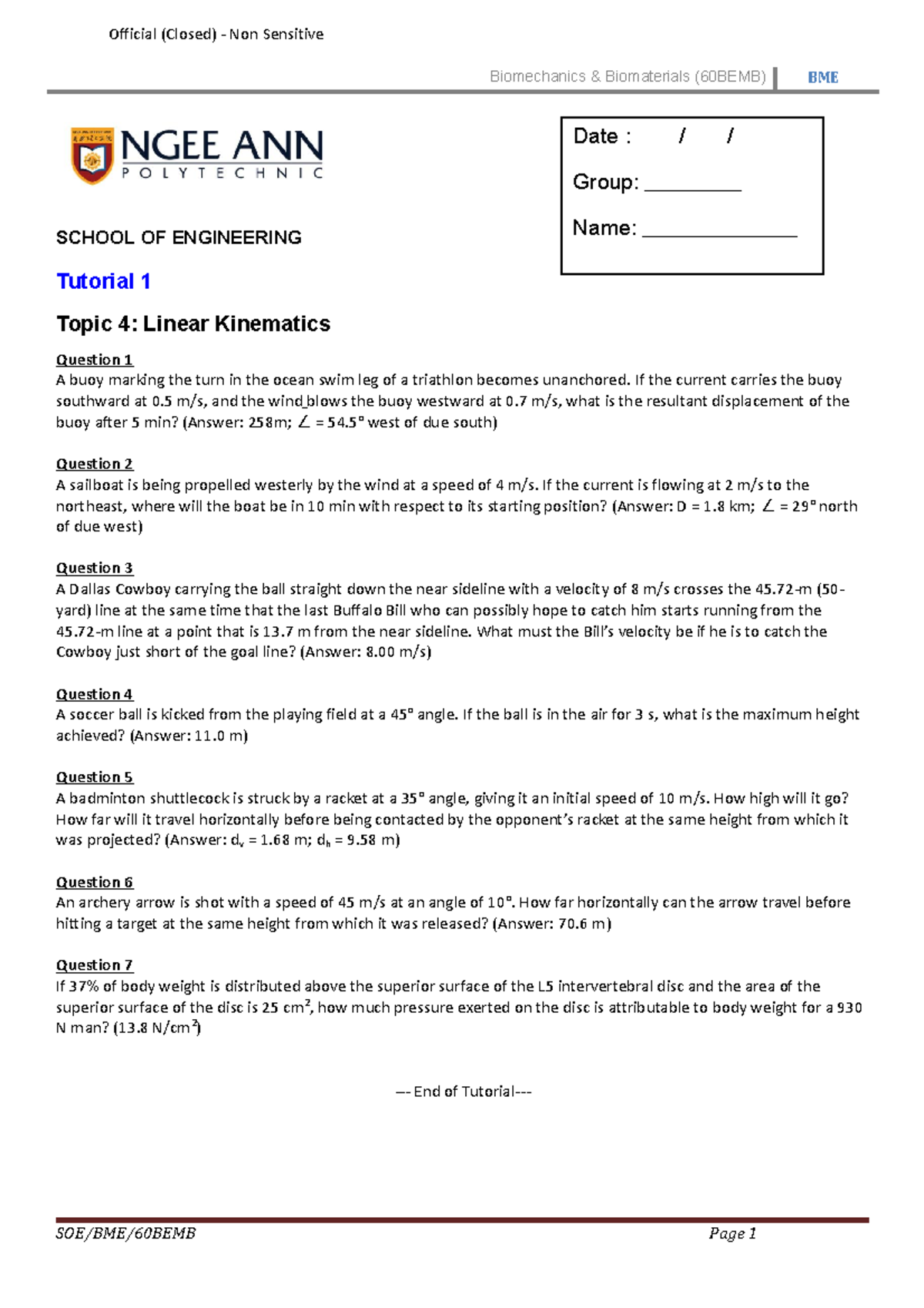 BEME tutorial 1 questions - Biomechanics & Biomaterials (60BEMB) BME ...