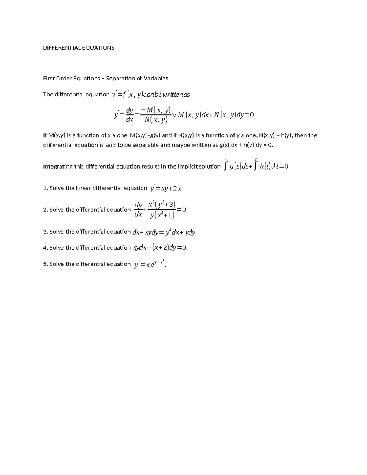 DELecture 4Separationof Variables - DIFFERENTIAL EQUATIONS First Order ...