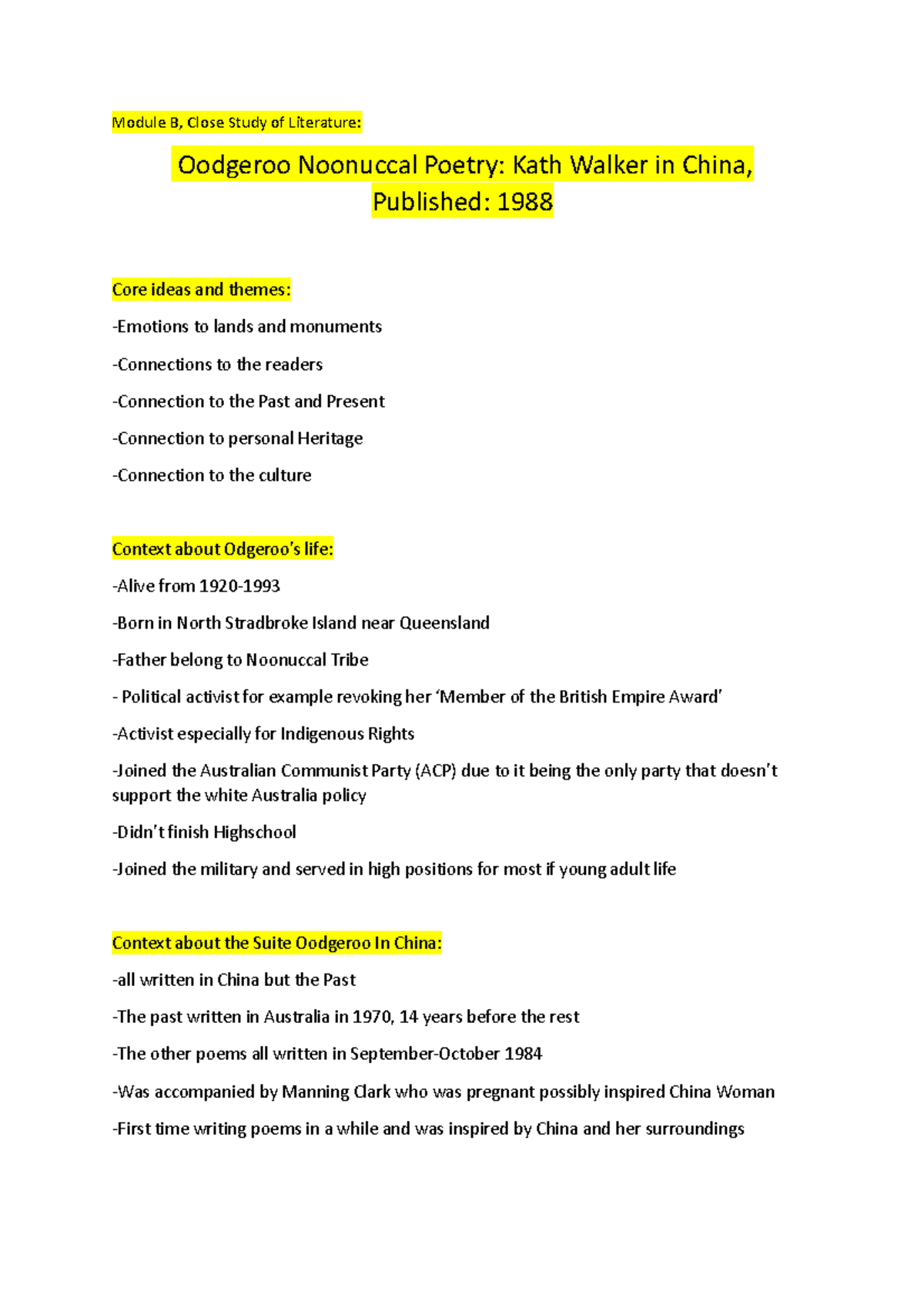 Oodgeroo Noonucal notes - Module B, Close Study of Literature: Oodgeroo ...