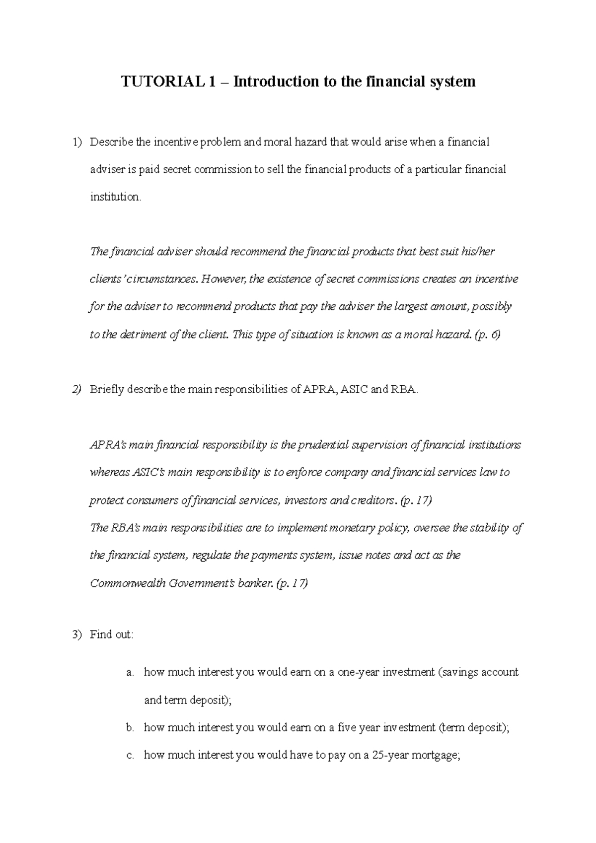 Tutorial 1answers - tute answer - TUTORIAL 1 – Introduction to the ...