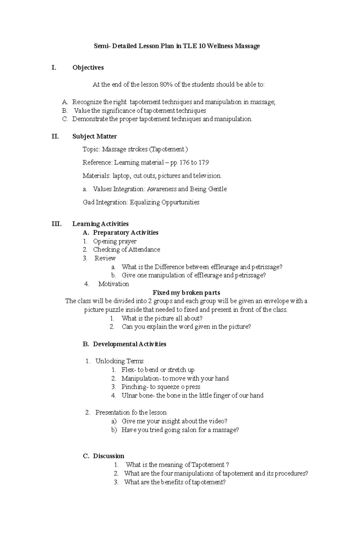 Semi Detailed Lesson Plan in TLE 10 Well - Objectives At the end of the ...