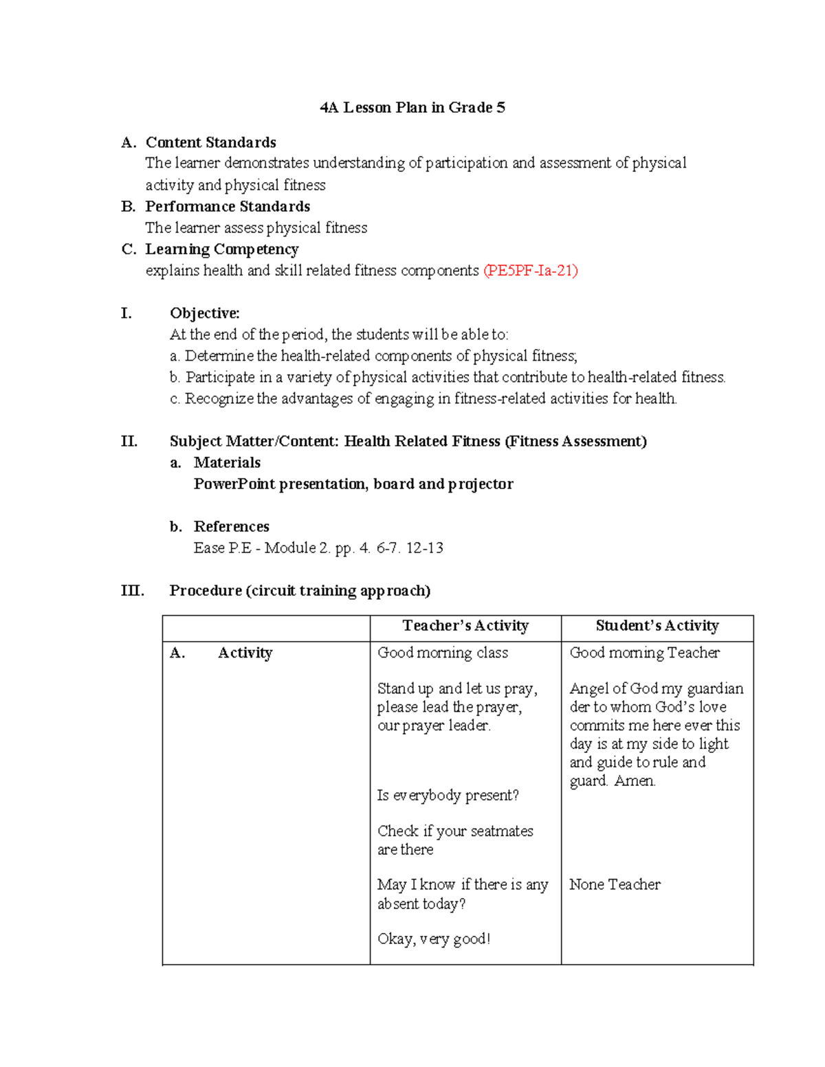 4A Lesson Plan (circuit training approach) - 4A Lesson Plan in Grade 5 ...