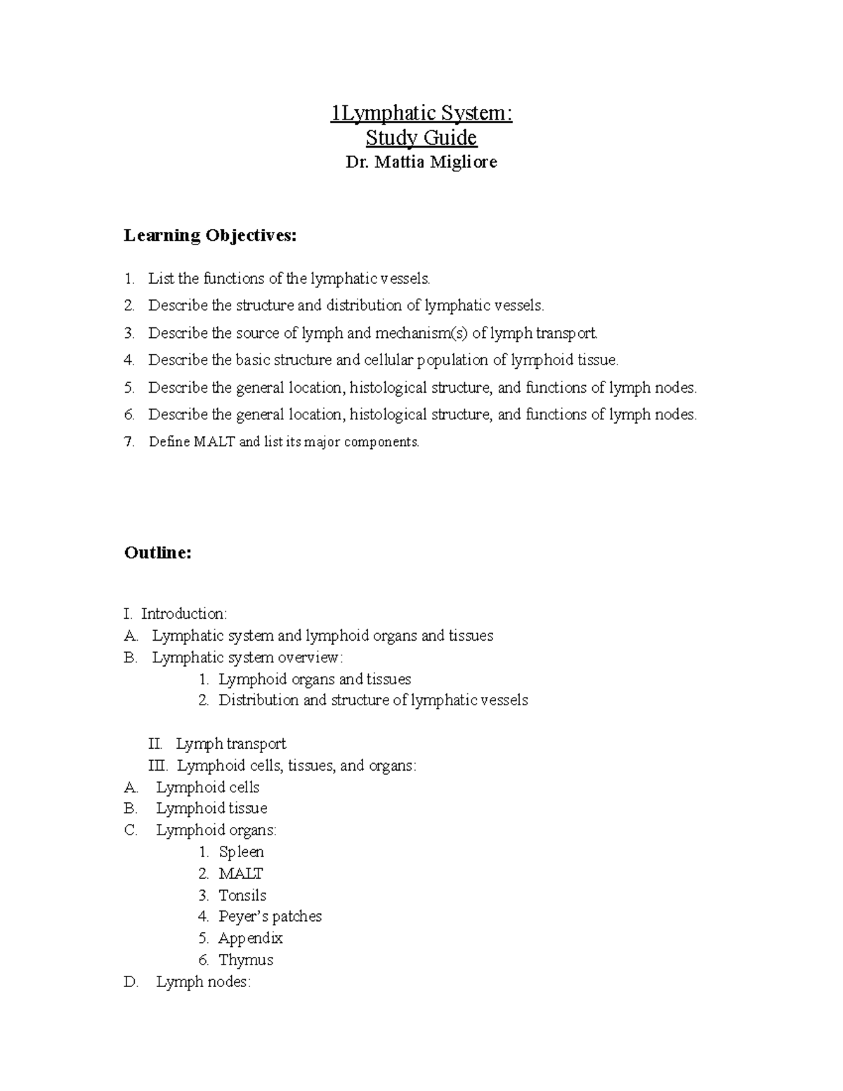 Lymphatic System study guide - 1 Lymphatic System: Study Guide Dr ...