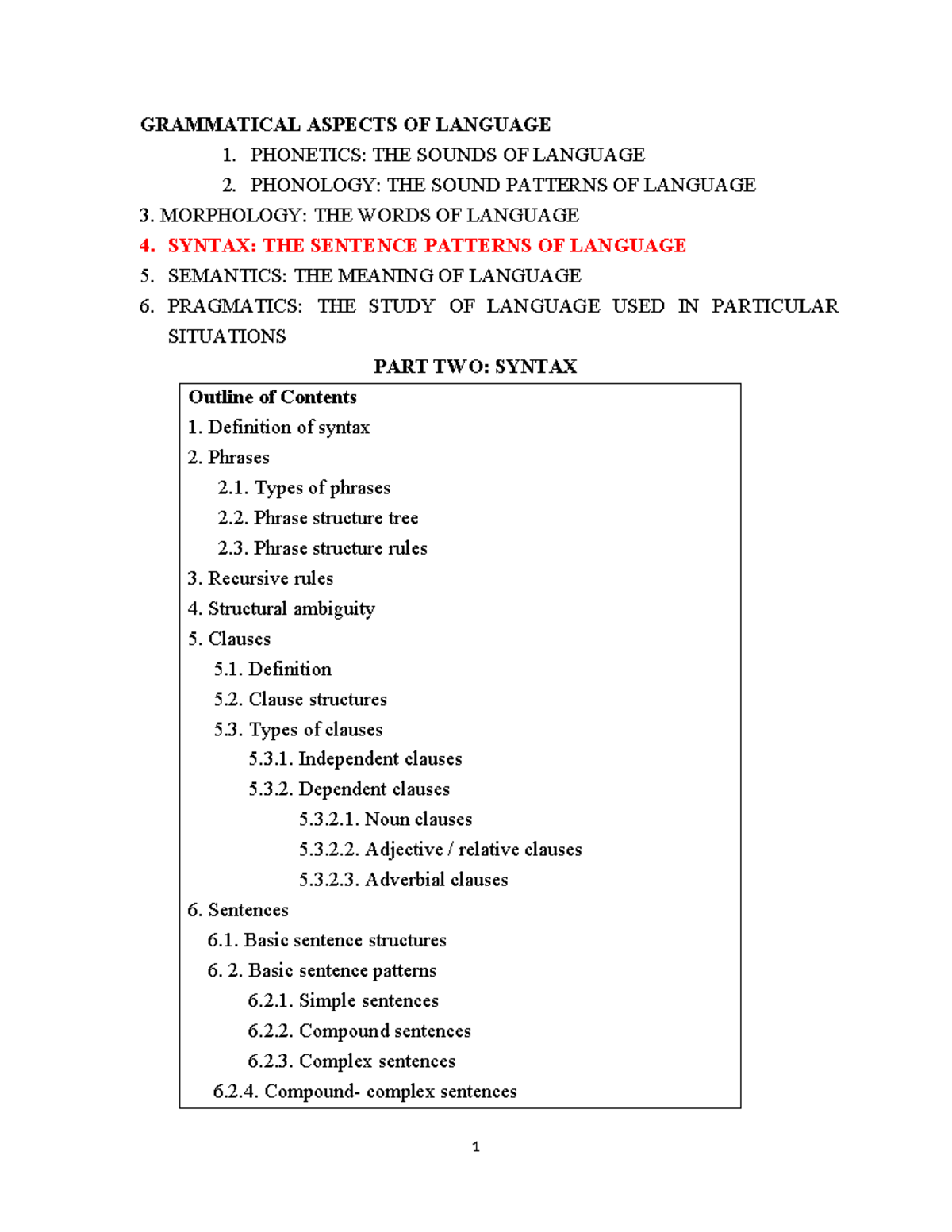 PART TWO Syntax - Notes - GRAMMATICAL ASPECTS OF LANGUAGE 1. PHONETICS ...