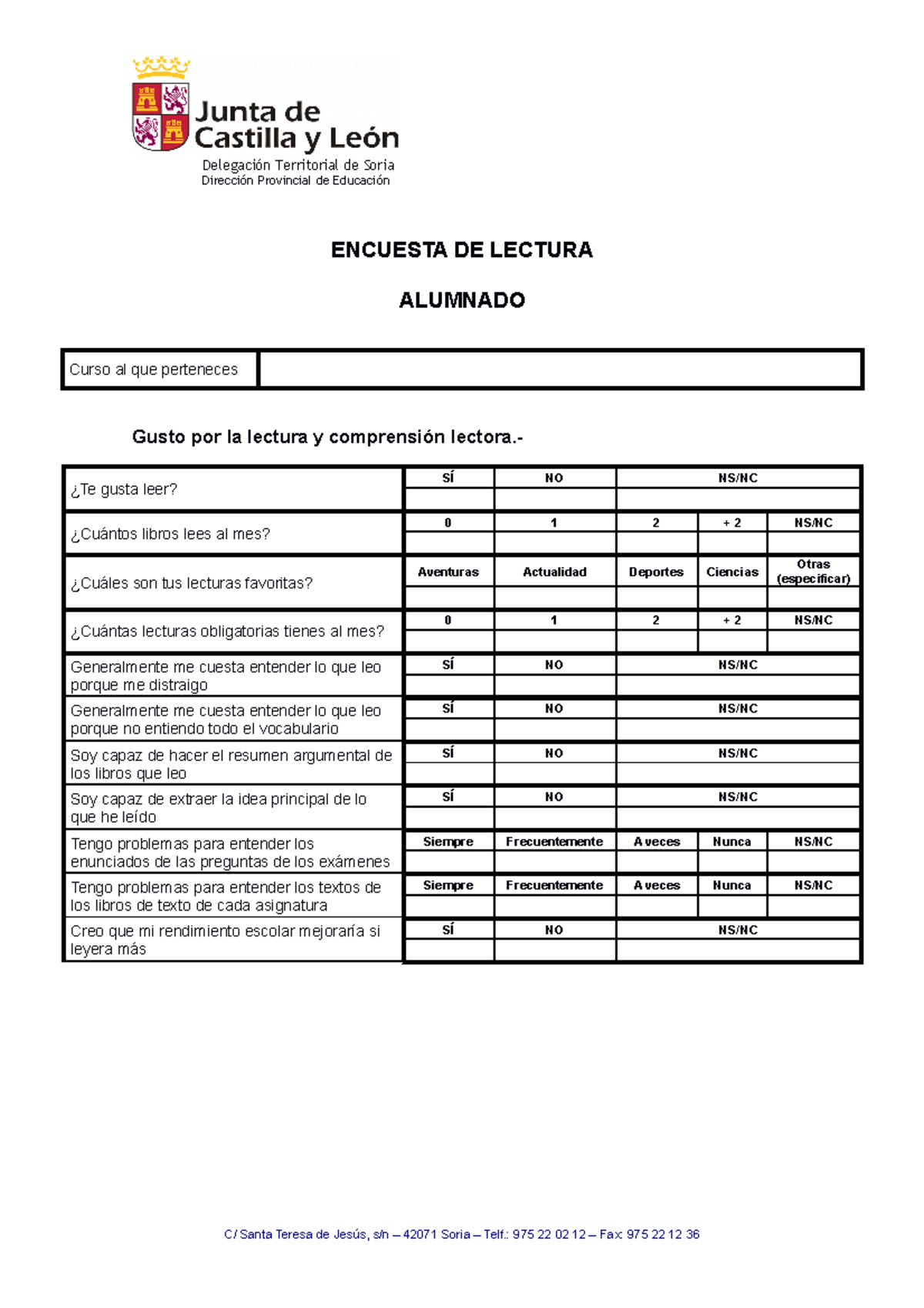 Encuesta DE Lectura Alumnado - Delegación Territorial de Soria ...