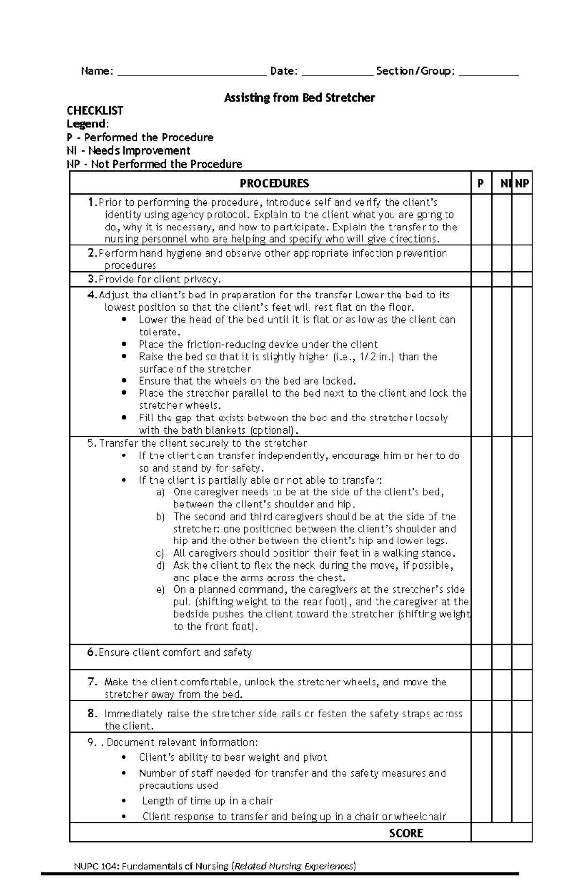 BED TO Stretcher Checklist - NUPC 104: Fundamentals of Nursing (Related ...