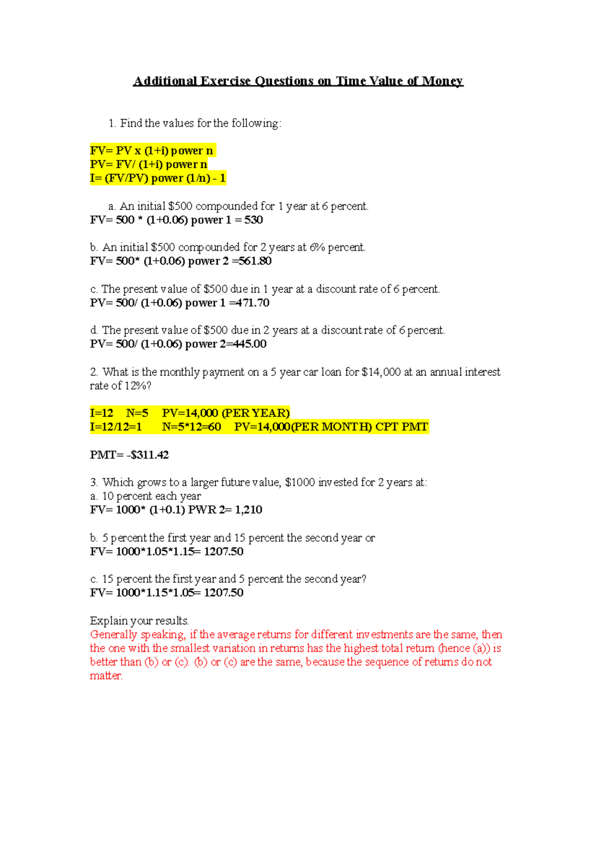 Additional Exercise on TVM - Additional Exercise Questions on Time ...