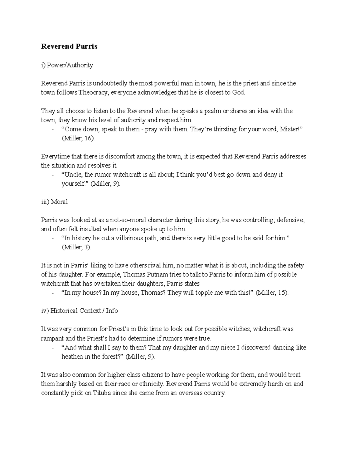 Act 1 Character Approaches - Reverend Parris i) Power/Authority ...