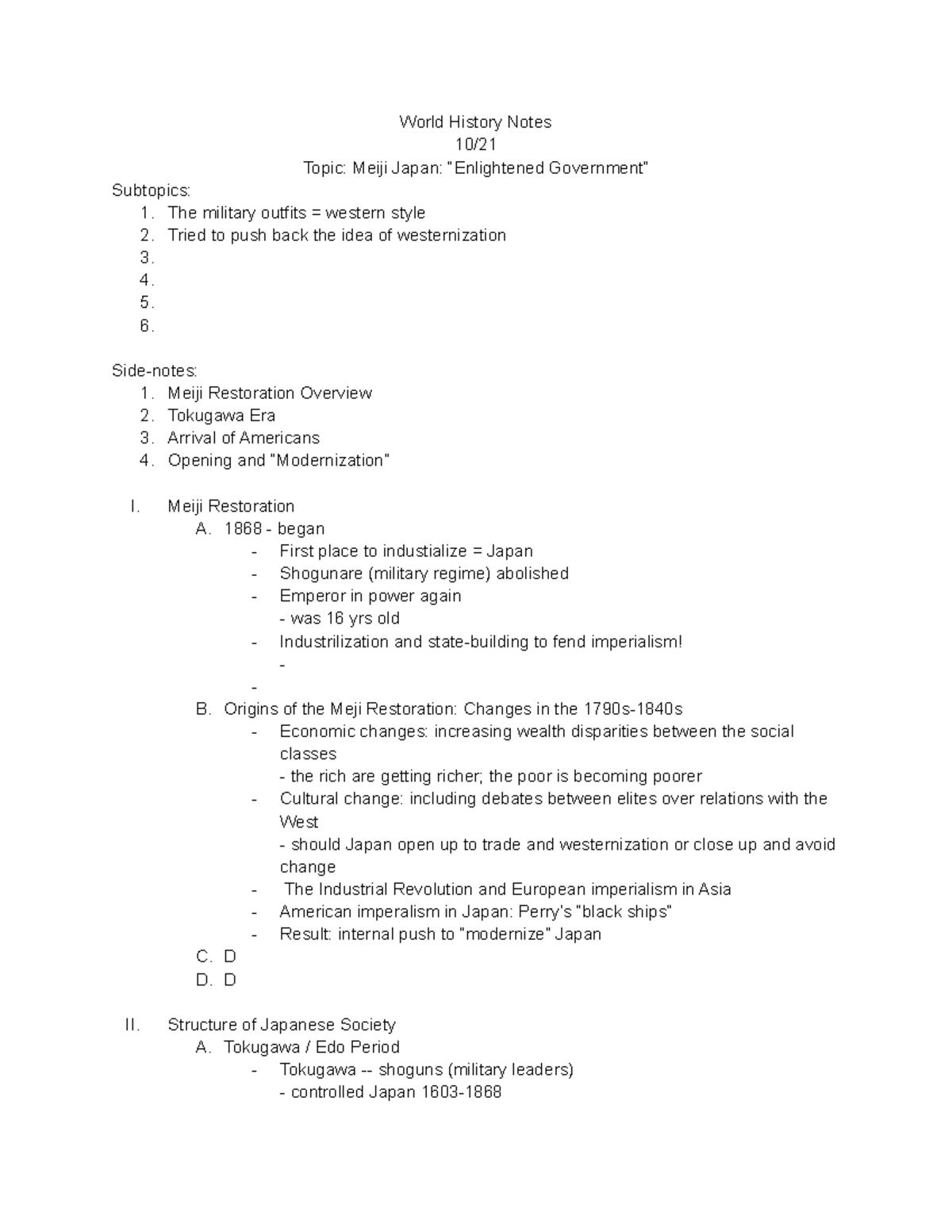 World History Notes (10 21) - World History Notes 10/ Topic: Meiji ...