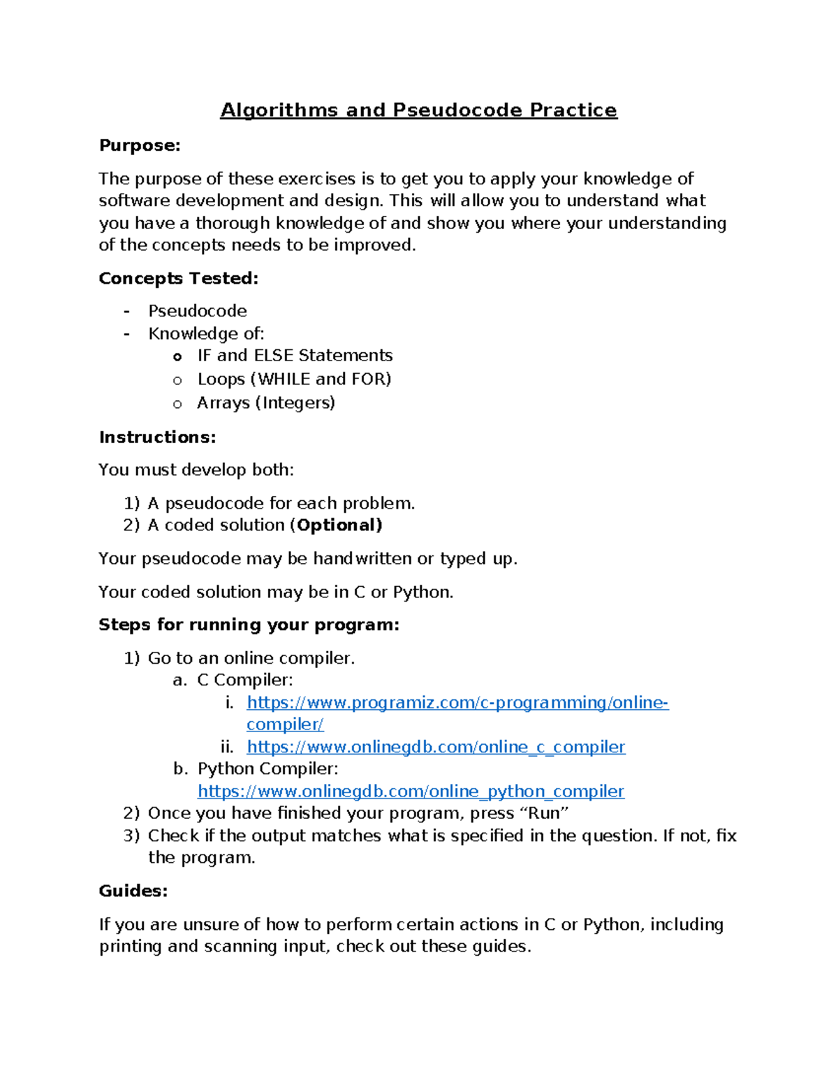 Algorithms Exercises Hi Hi Algorithms And Pseudocode Practice Purpose The Purpose Of These