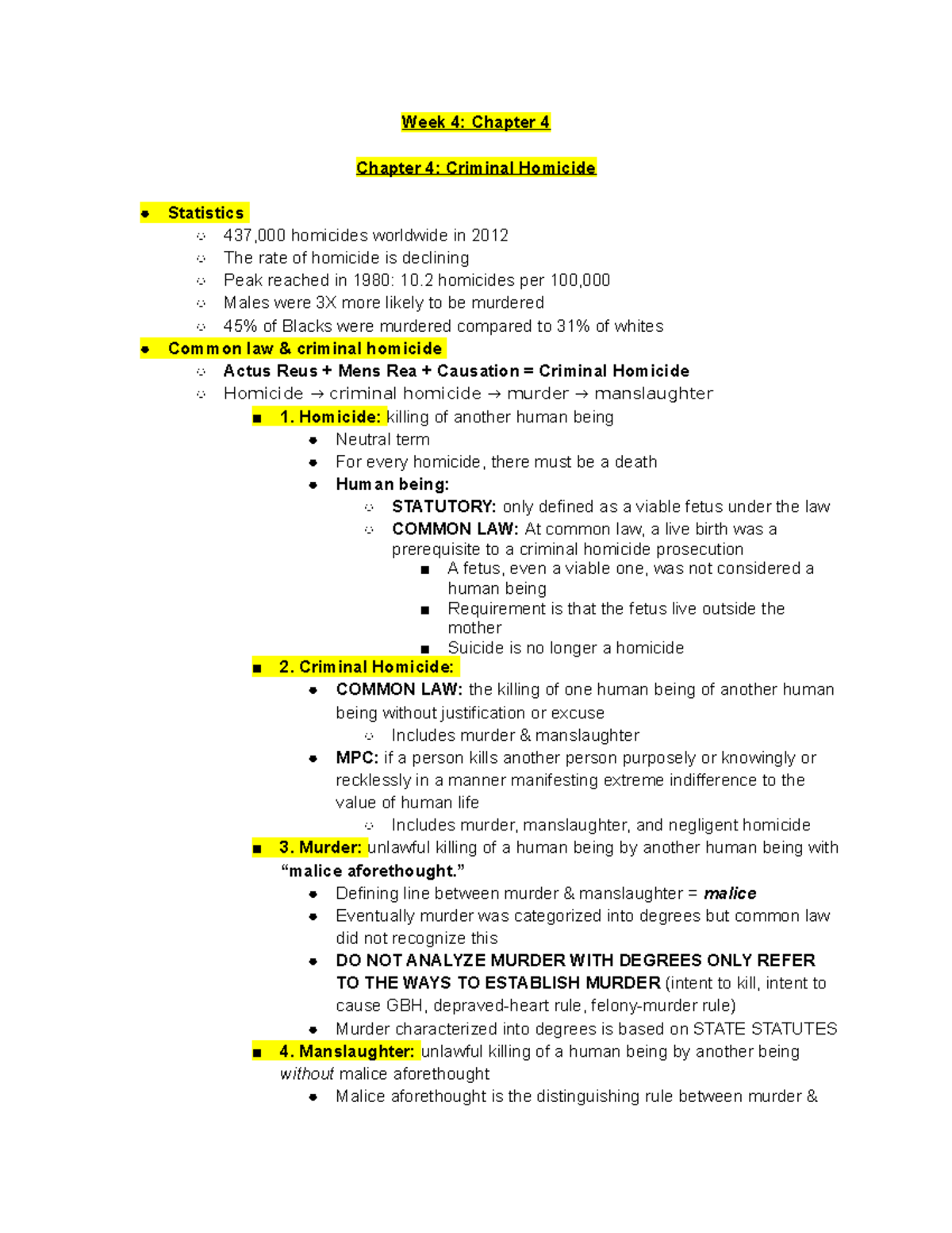 Week 4 Chapter 7 Criminal Homicide, Murder, Voluntary Manslaughter ...