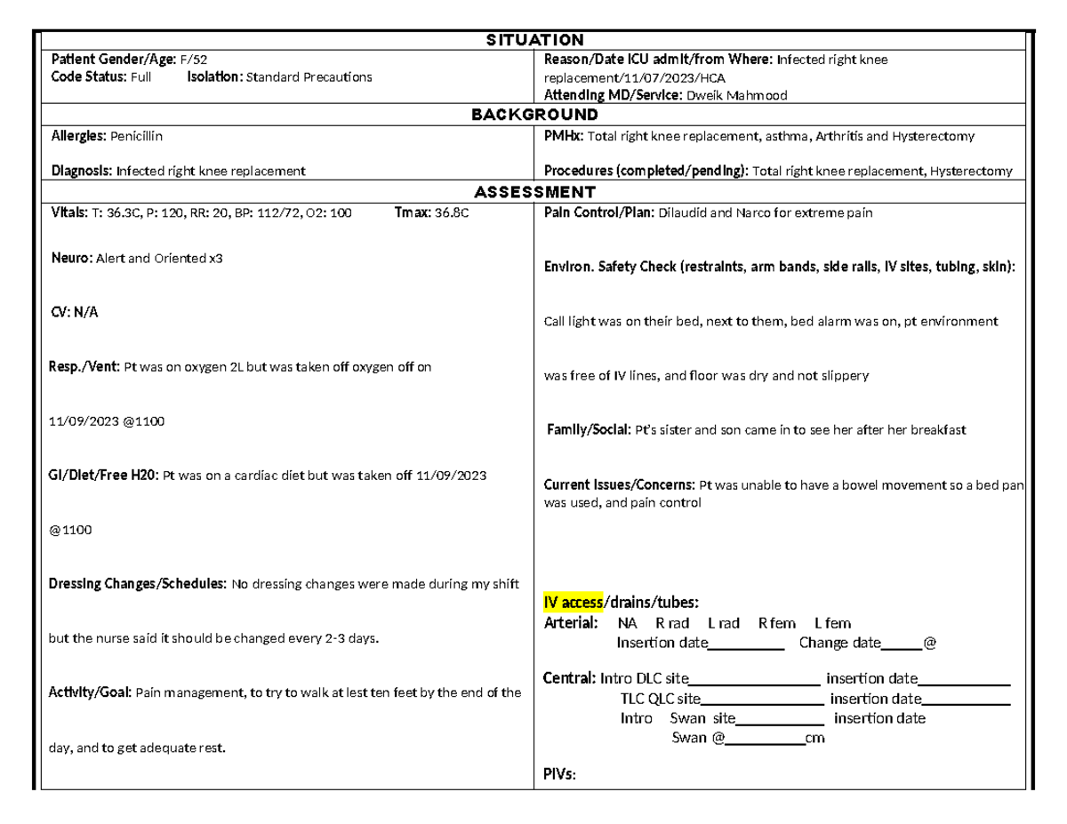 SBAR Kardex report tool - SITUATION Patient Gender/Age: F/ Code Status ...