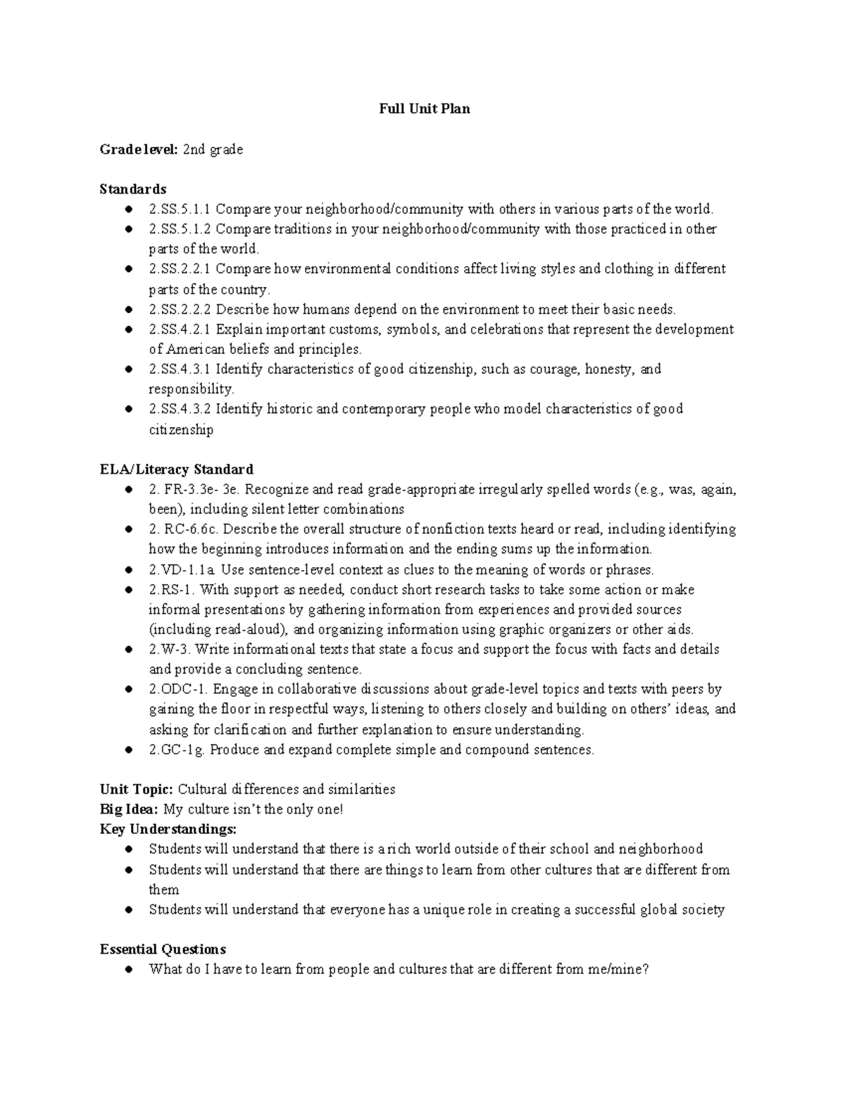Full Unit Plan - unit plan - ####### Full Unit Plan ####### Grade level ...
