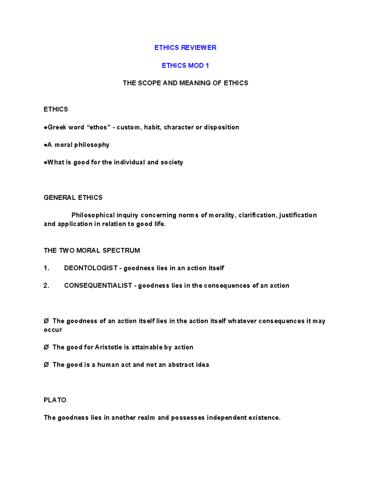 Ethics Reviewer - ETHICS REVIEWER ETHICS MOD 1 THE SCOPE AND MEANING OF ...