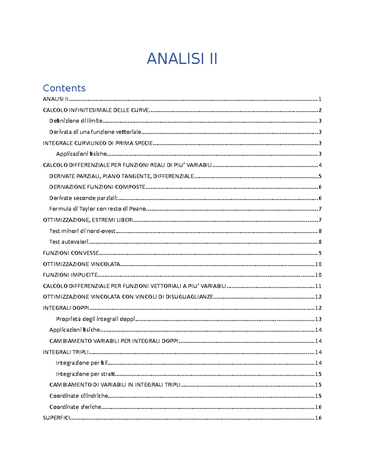 Analisi 2 - ANALISI II CALCOLO INFINITESIMALE DELLE - Studocu