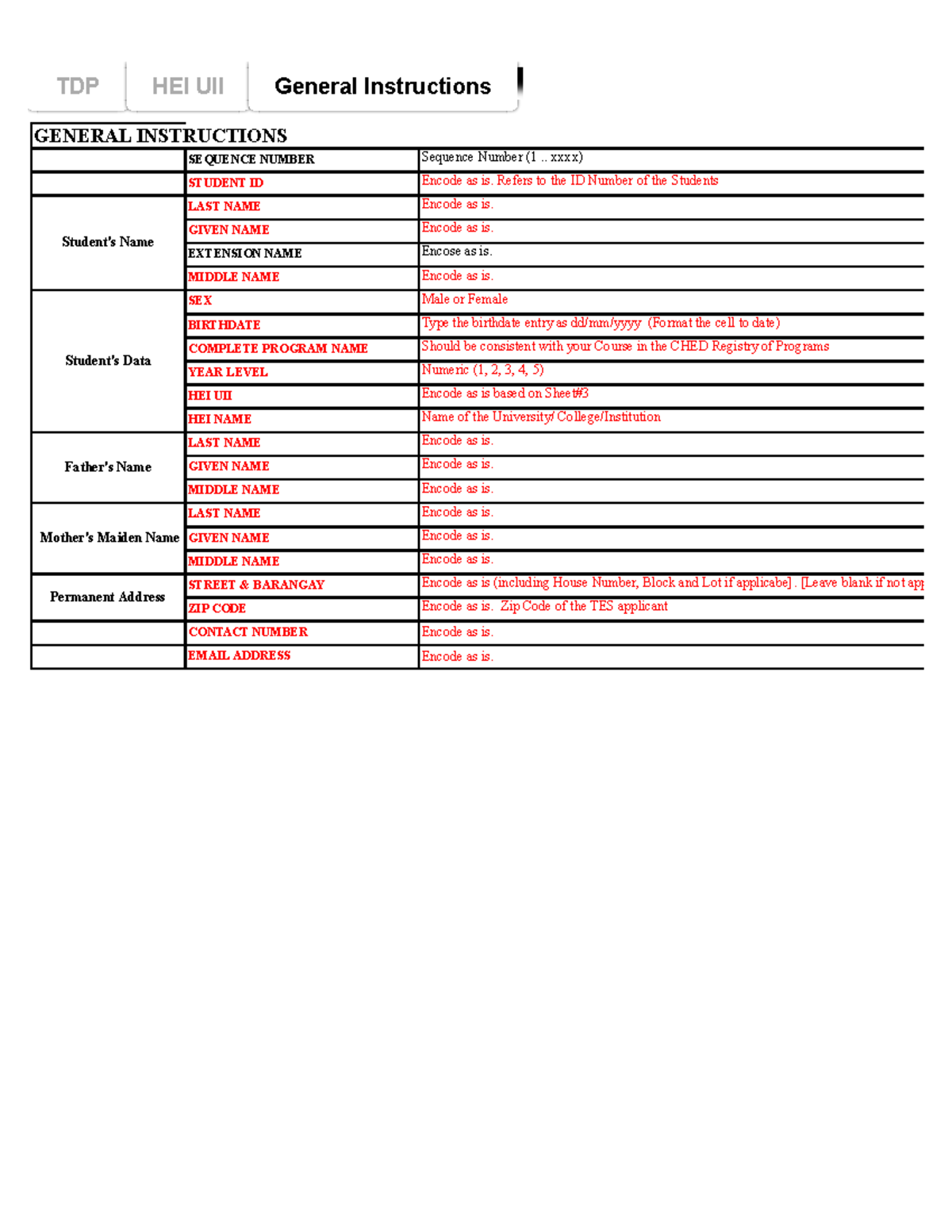 Open TDP Template Endorsed List of Applicants - GENERAL INSTRUCTIONS SEQUENCE NUMBER Sequence ...