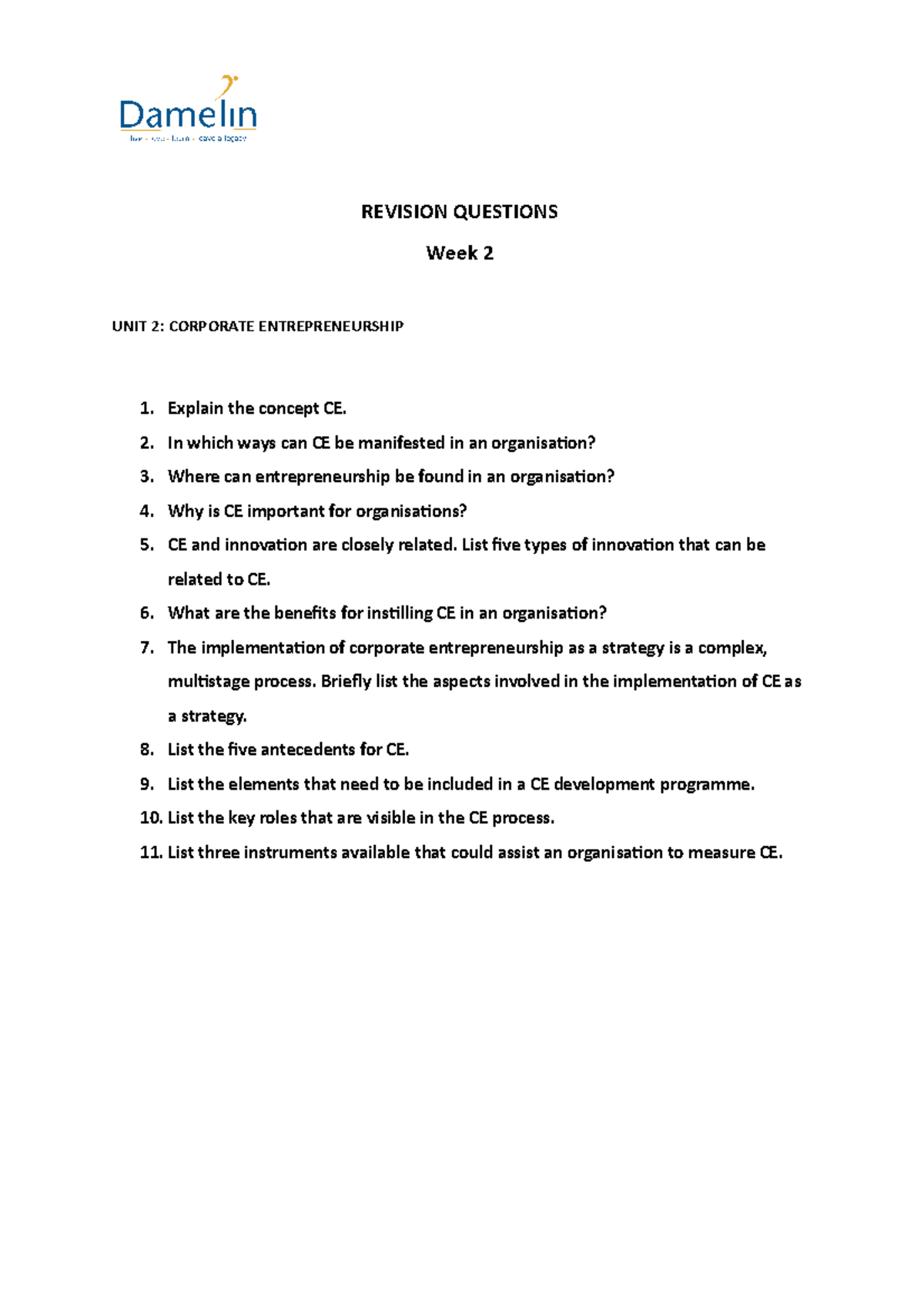 Unit 2 Revision notes - REVISION QUESTIONS Week 2 UNIT 2: CORPORATE ...
