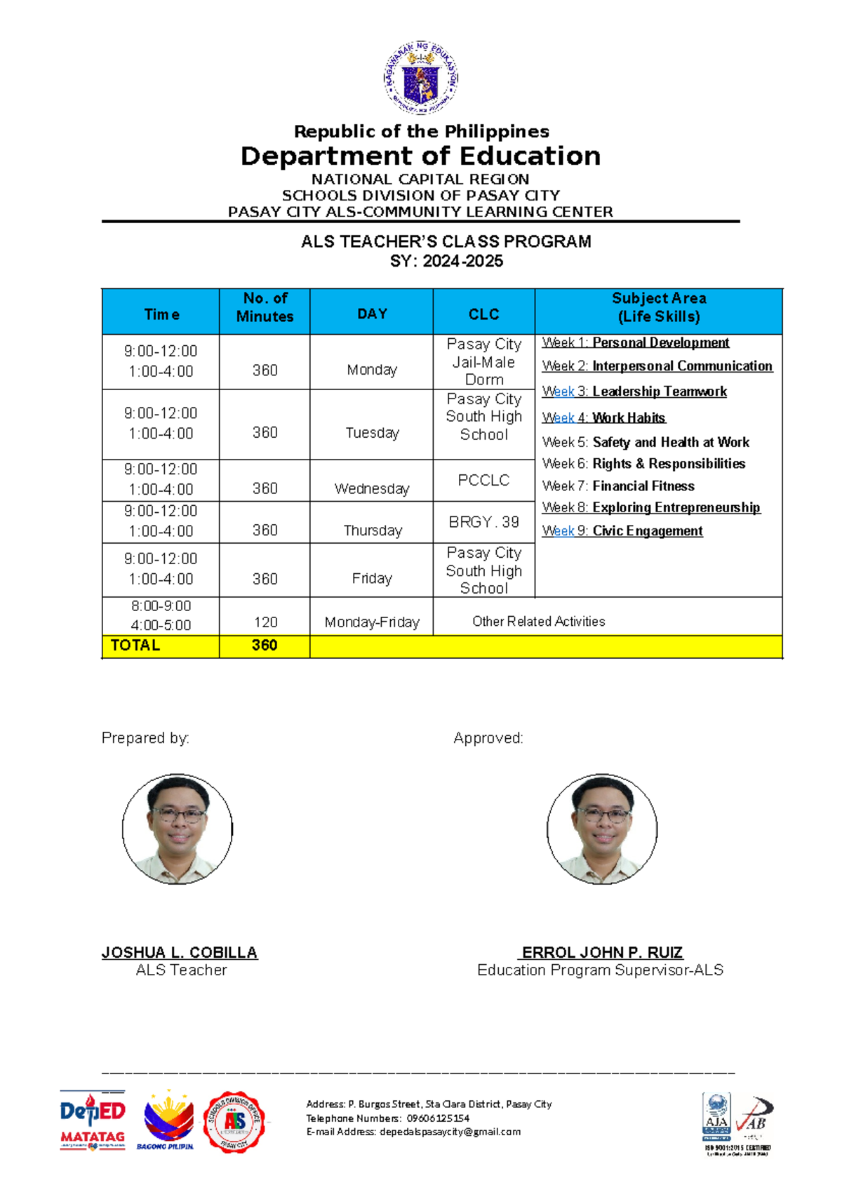 ALS Class Program Template - Address: P. Burgos Street, Sta Clara ...