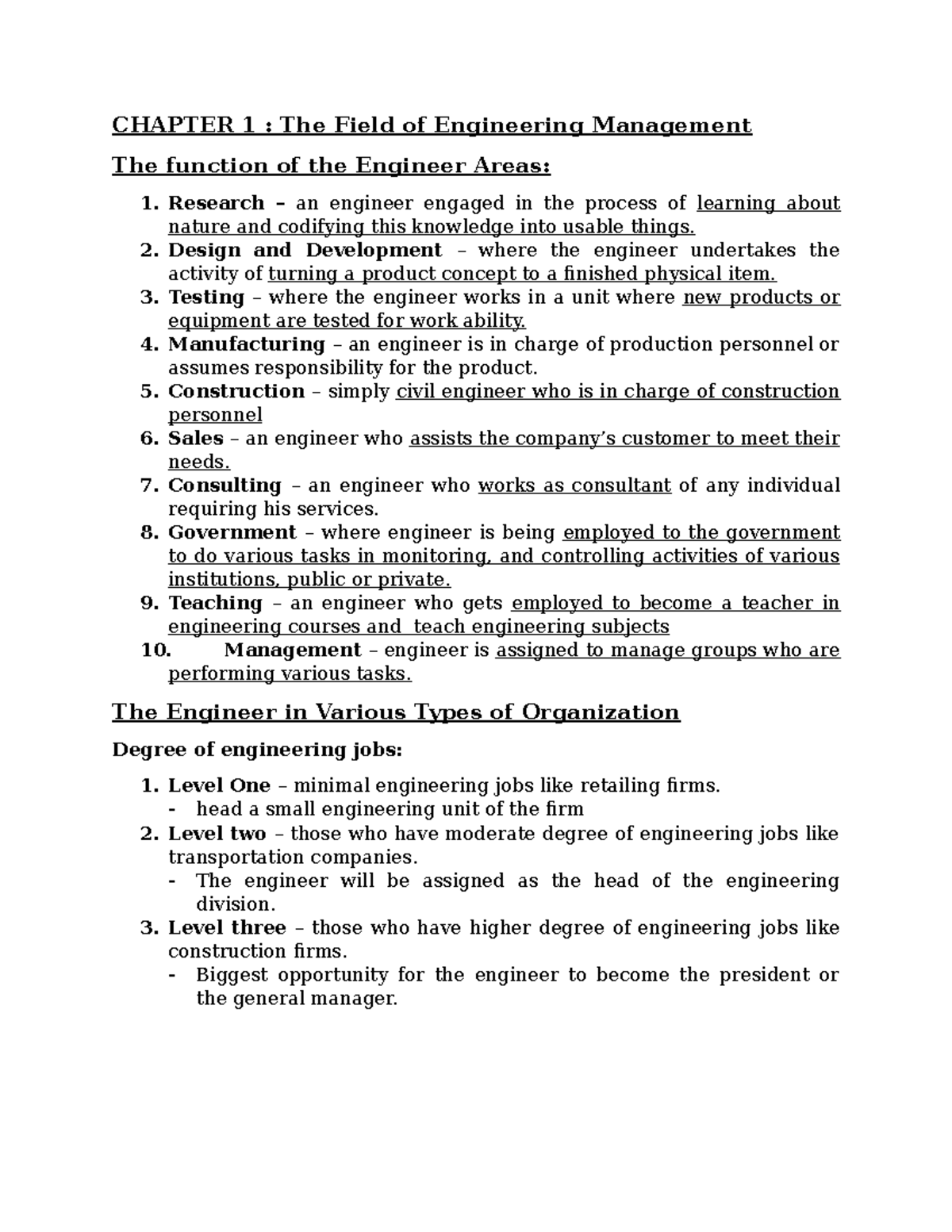 Notes - CHAPTER 1 : The Field of Engineering Management The function of ...