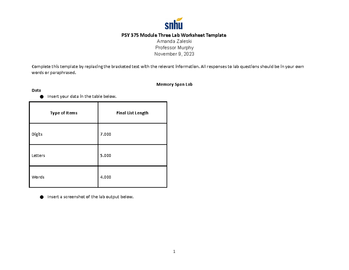 PSY 375 Module Three Lab Worksheet Template - PSY 375 Module Three Lab ...