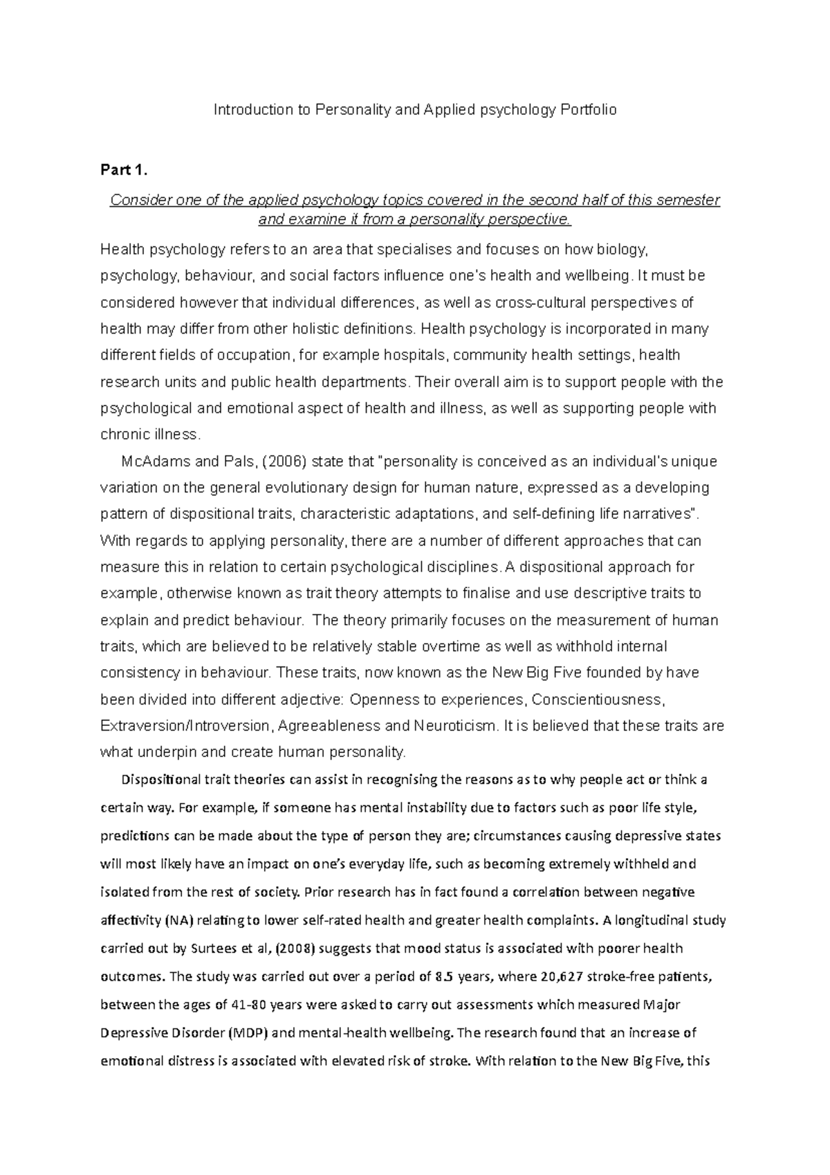 Personality and applying psychology - portfolio Complete - Introduction ...