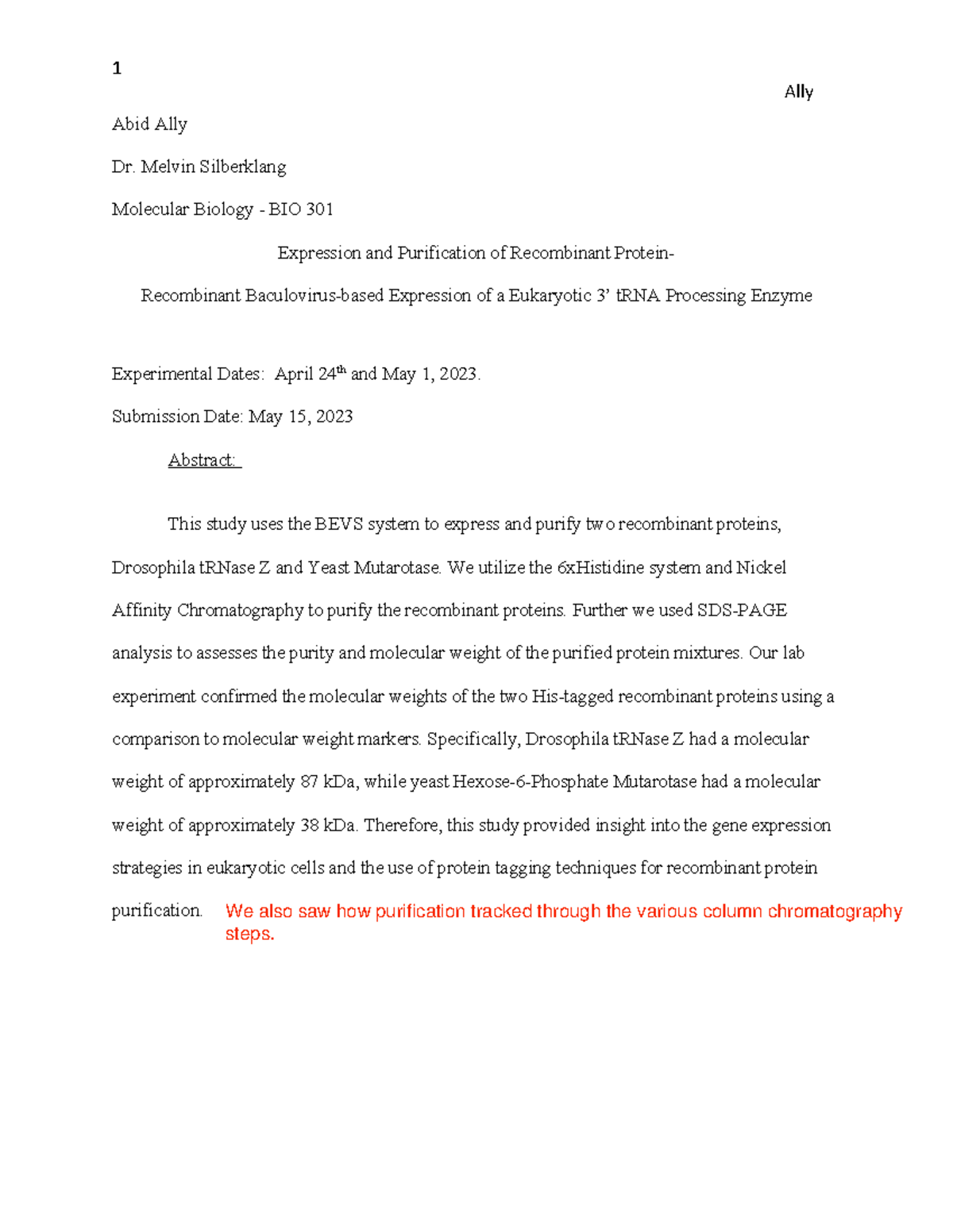 Abid+Ally+301+lab+4+expression+of+recombinant+protein - Ally Abid Ally ...
