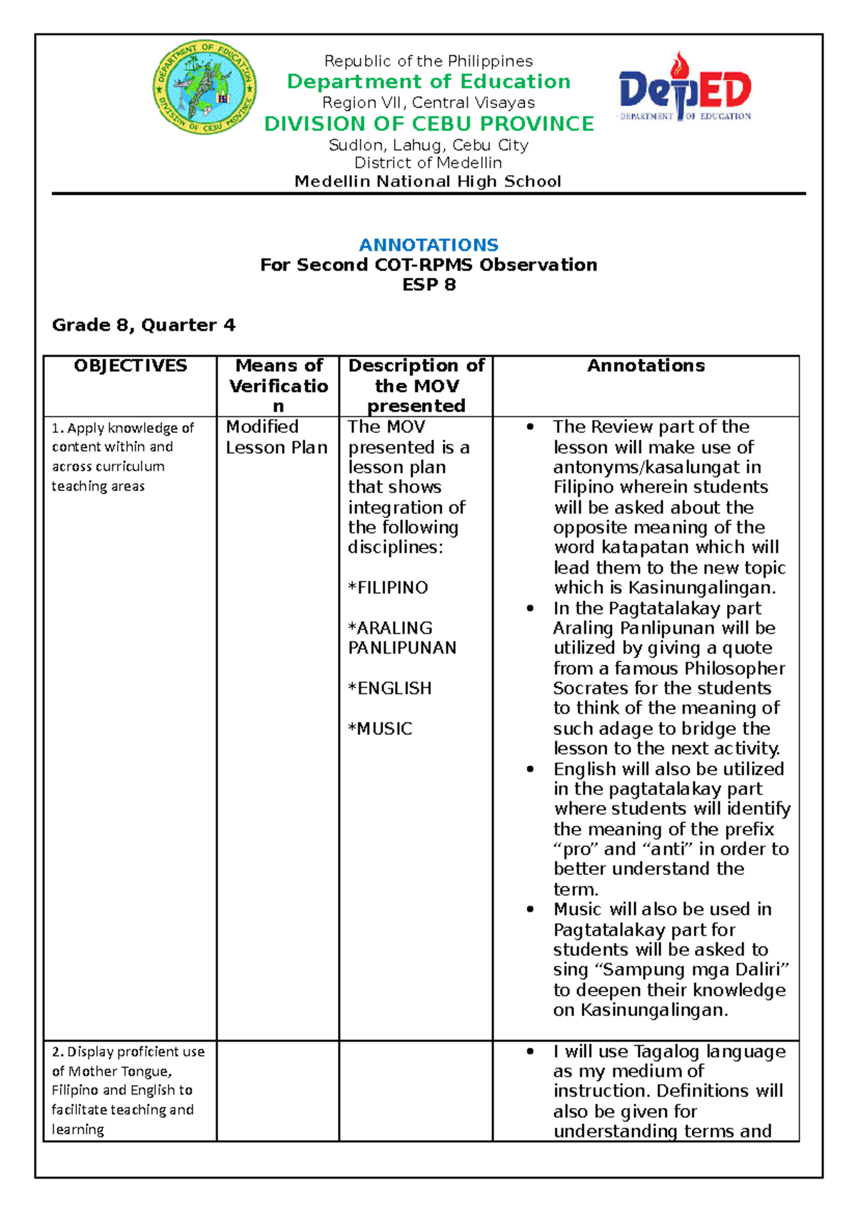 Annotation COT - enjoy - Republic of the Philippines Department of ...