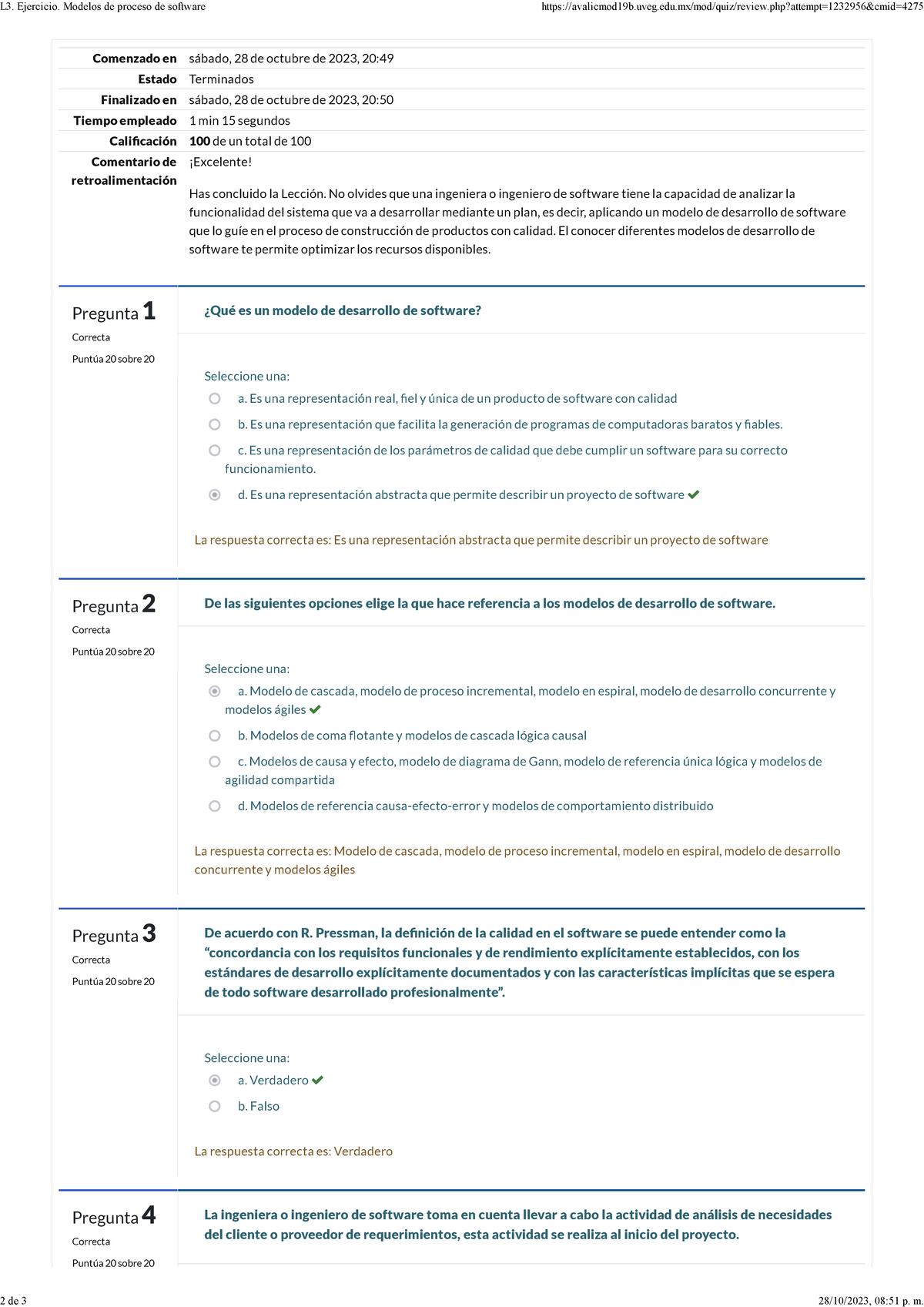 L3. Ejercicio. Modelos de proceso de software - Pregunta 1 Correcta Puntúa 20 sobre 20 Pregunta ...