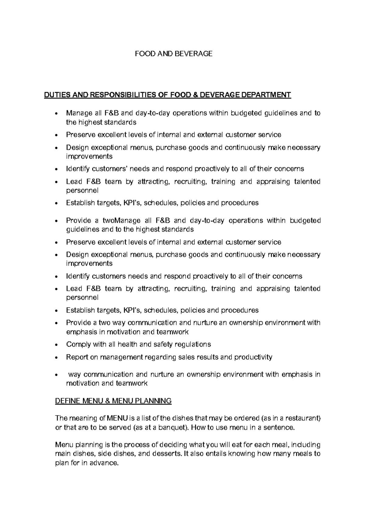 FOOD AND Beverage Module - FOOD AND BEVERAGE DUTIES AND ...