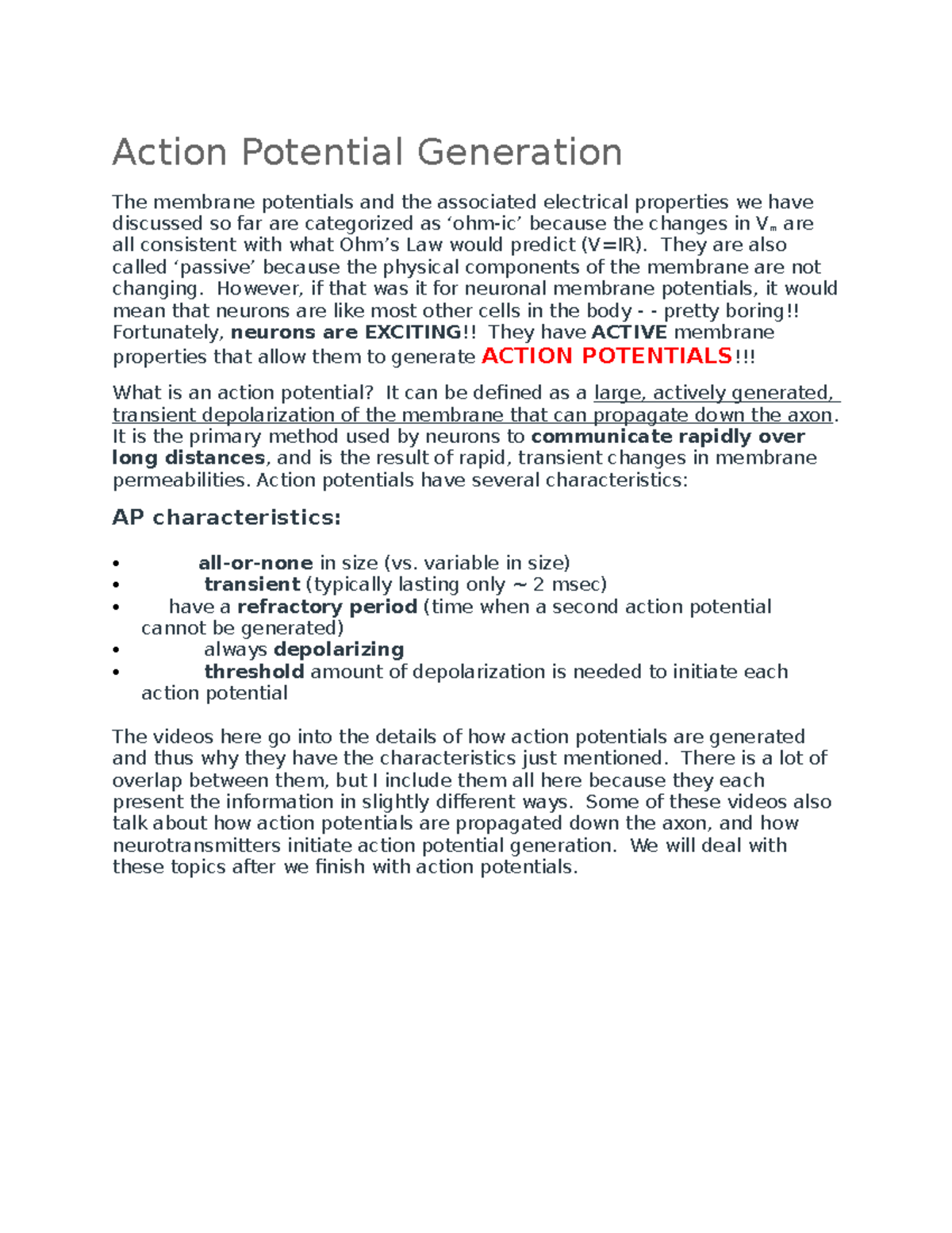 Exam 2 Canvas Notes - Action Potential Generation The membrane ...