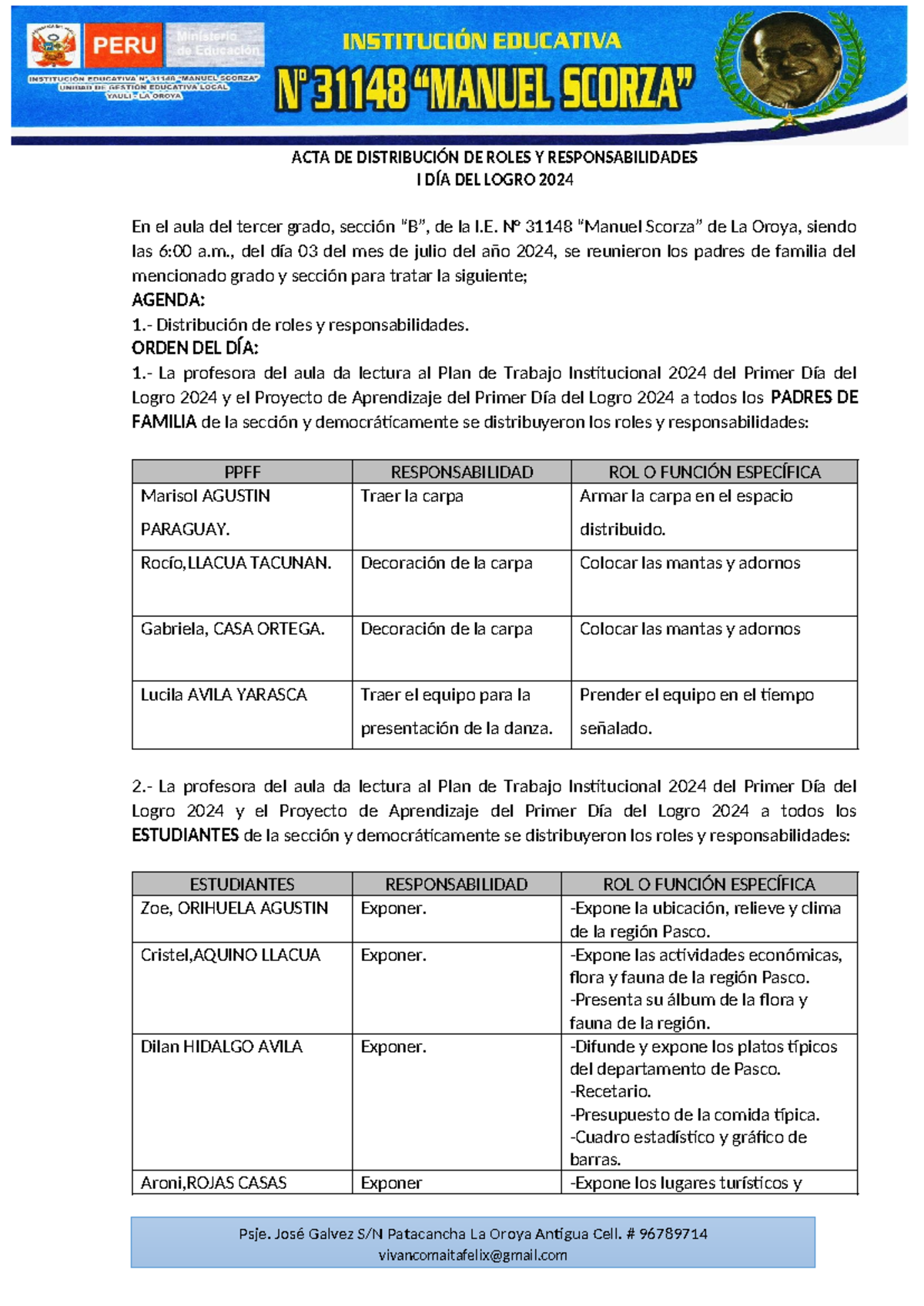 Día del Logro 2024 Acta de distribución de roles y responsabilidades ...