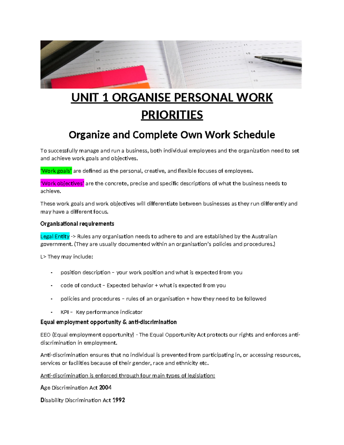 Unit 1 Organise personal work priorities - UNIT 1 ORGANISE PERSONAL ...